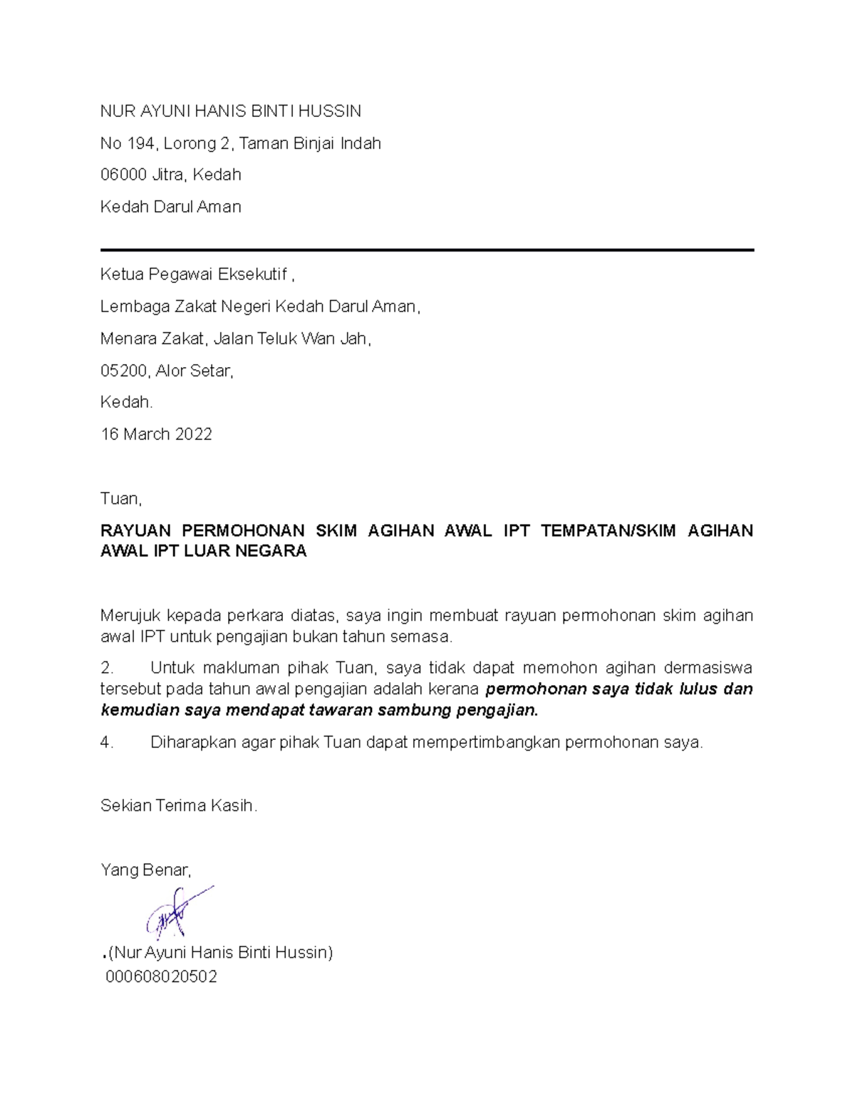 Draf Surat Rayuan - NUR AYUNI HANIS BINTI HUSSIN No 194, Lorong 2 ...