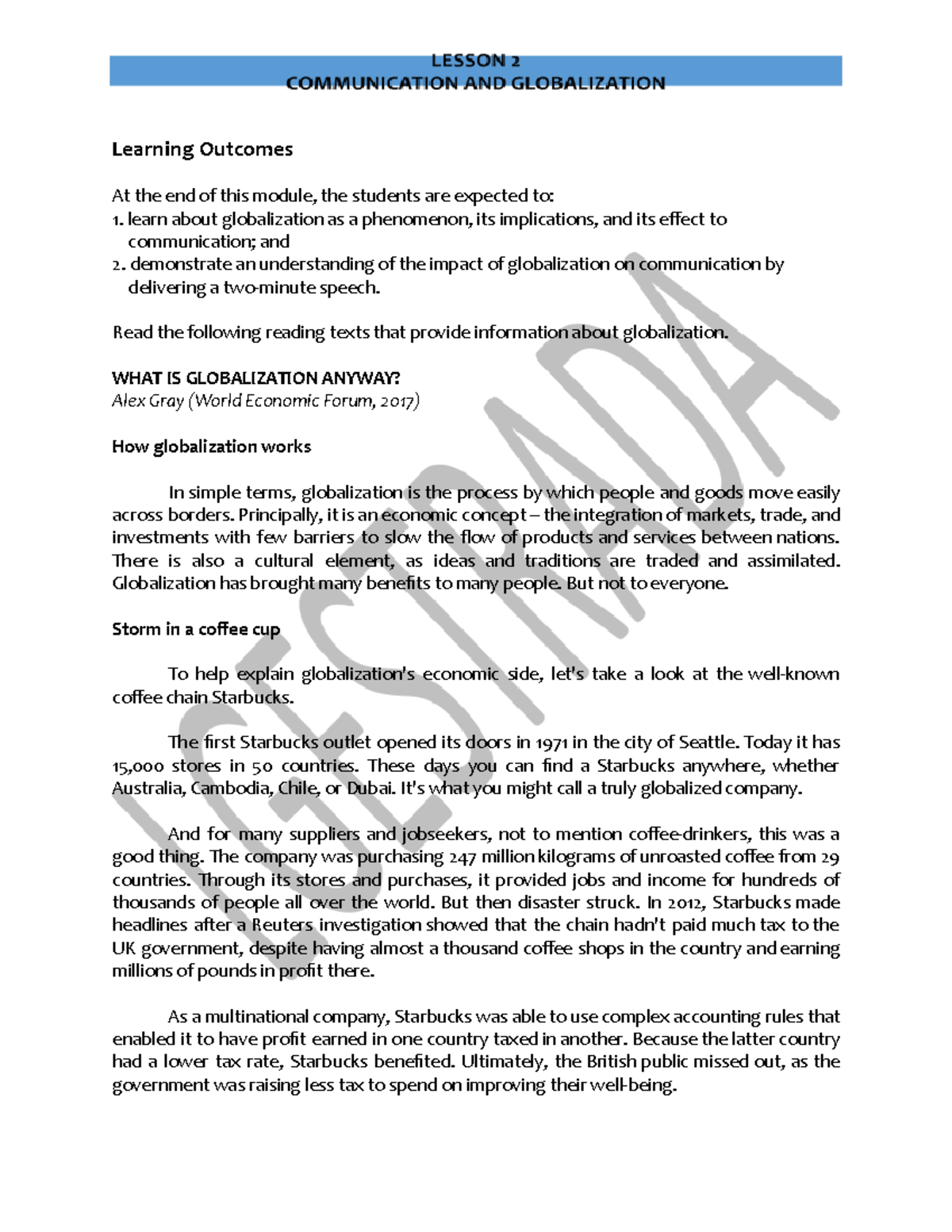 Lesson 2 Communication AND Globalization - Learning Outcomes At the end ...