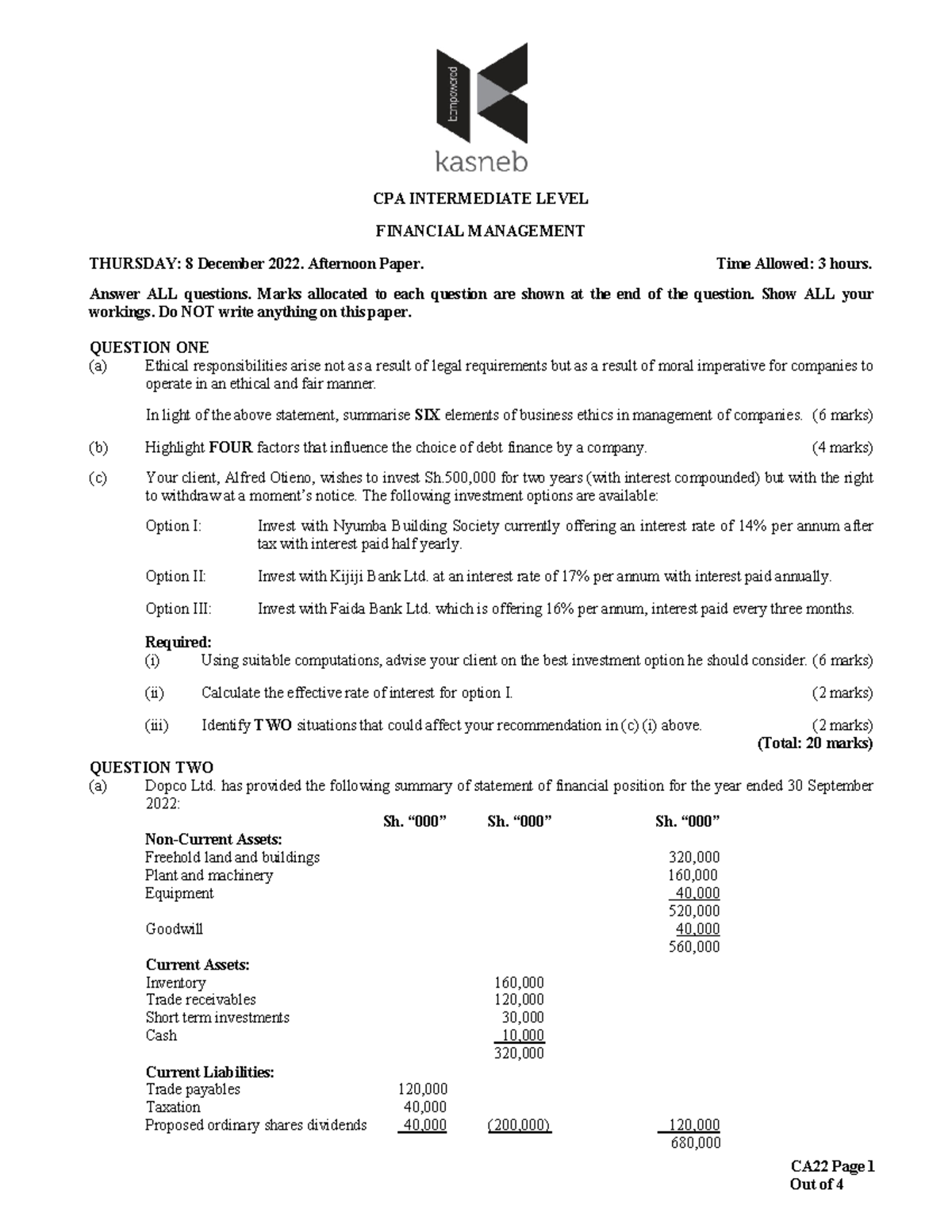 CA22 Financial Management: Intermediate Level Exam Paper - 8 Dec 2022 ...