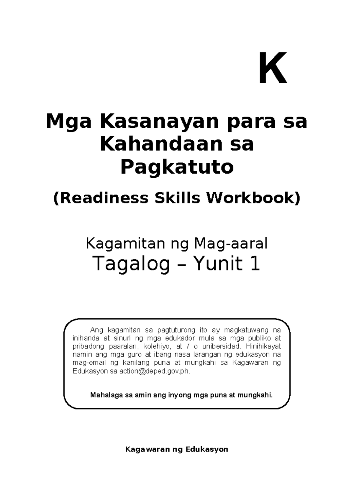K LM Tagalog Q1 - Mga Kasanayan sa Kahandaan sa Pagkatuto - Studocu