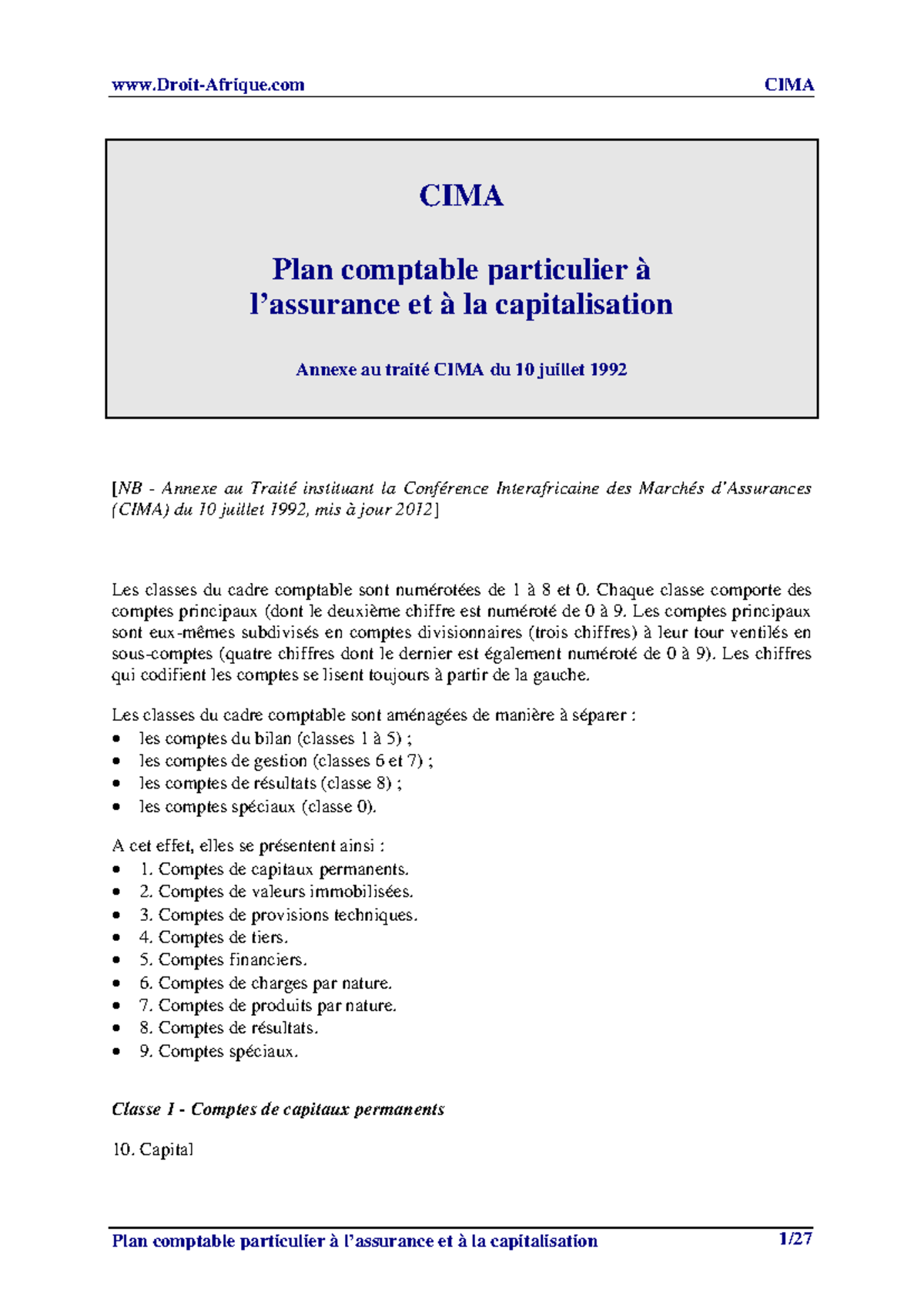 CIMA Plan de Comptabilité pour l'Assurance et Capitalisation - Studocu