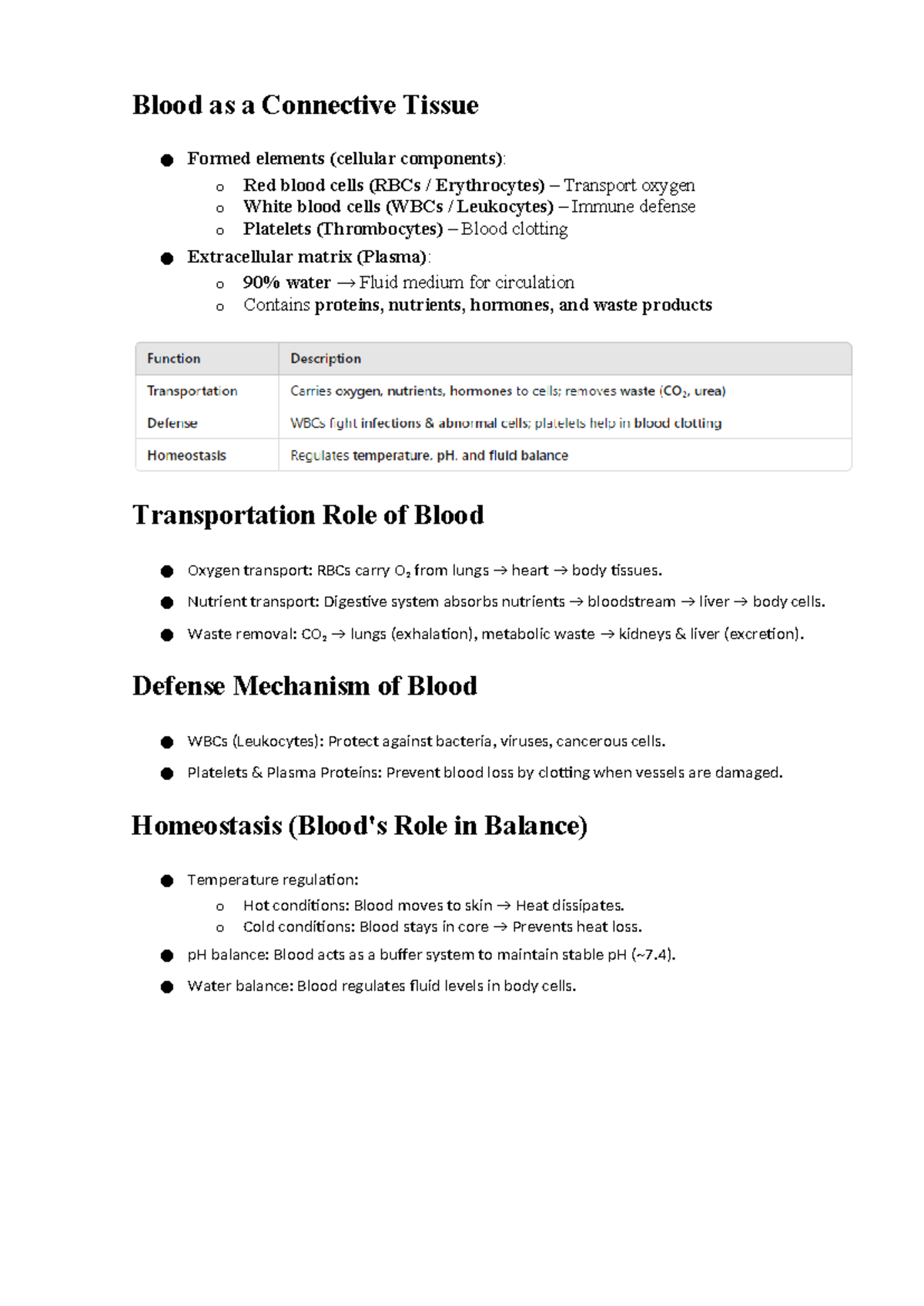 Blood - Notes on Connective Tissue, Components, and Functions (BIO 101 ...