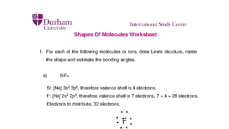 Shapes of Molecules Worksheet 1 Answers - Foundation Chemistry - Studocu