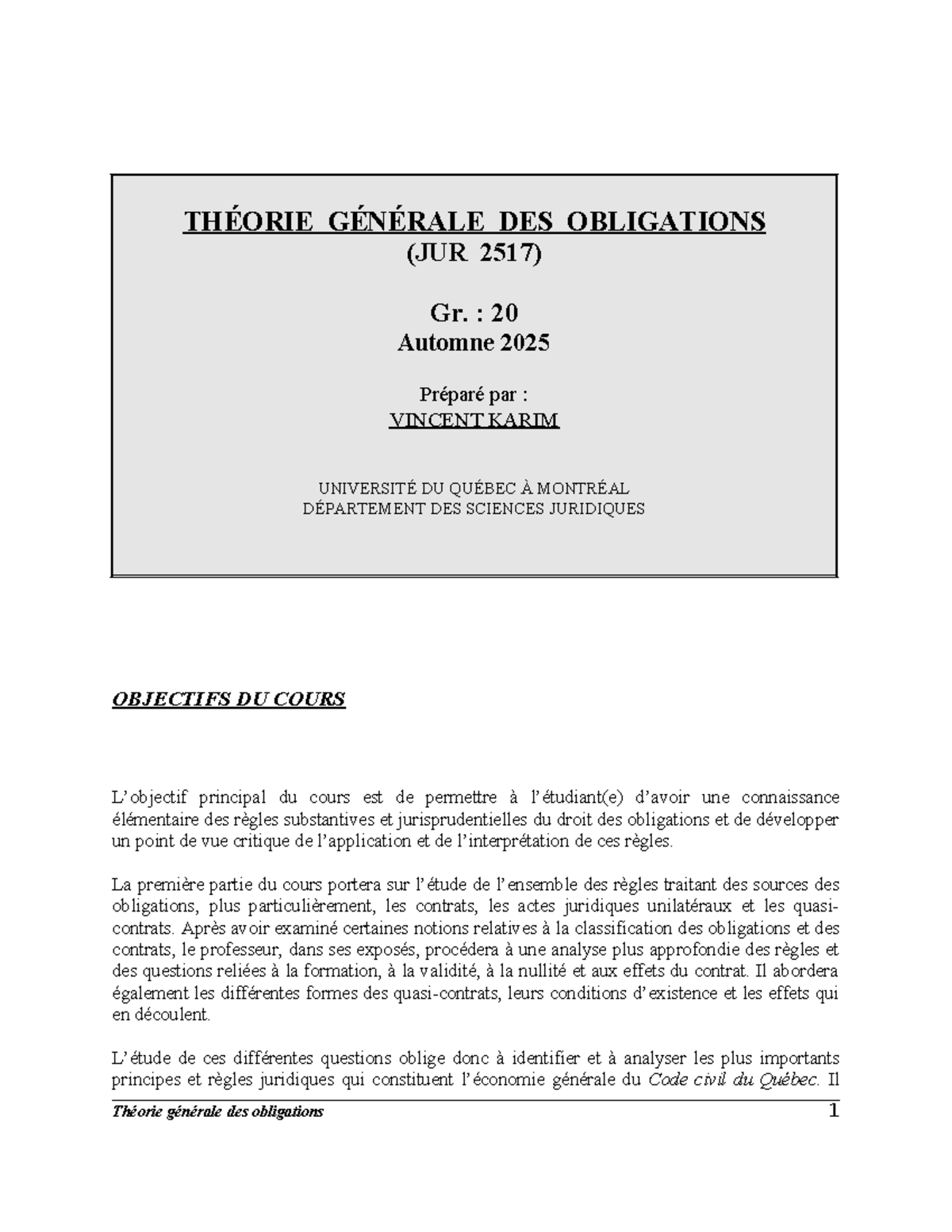 Plan de cours - THÉORIE GÉNÉRALE DES OBLIGATIONS (JUR 2517) Automne ...