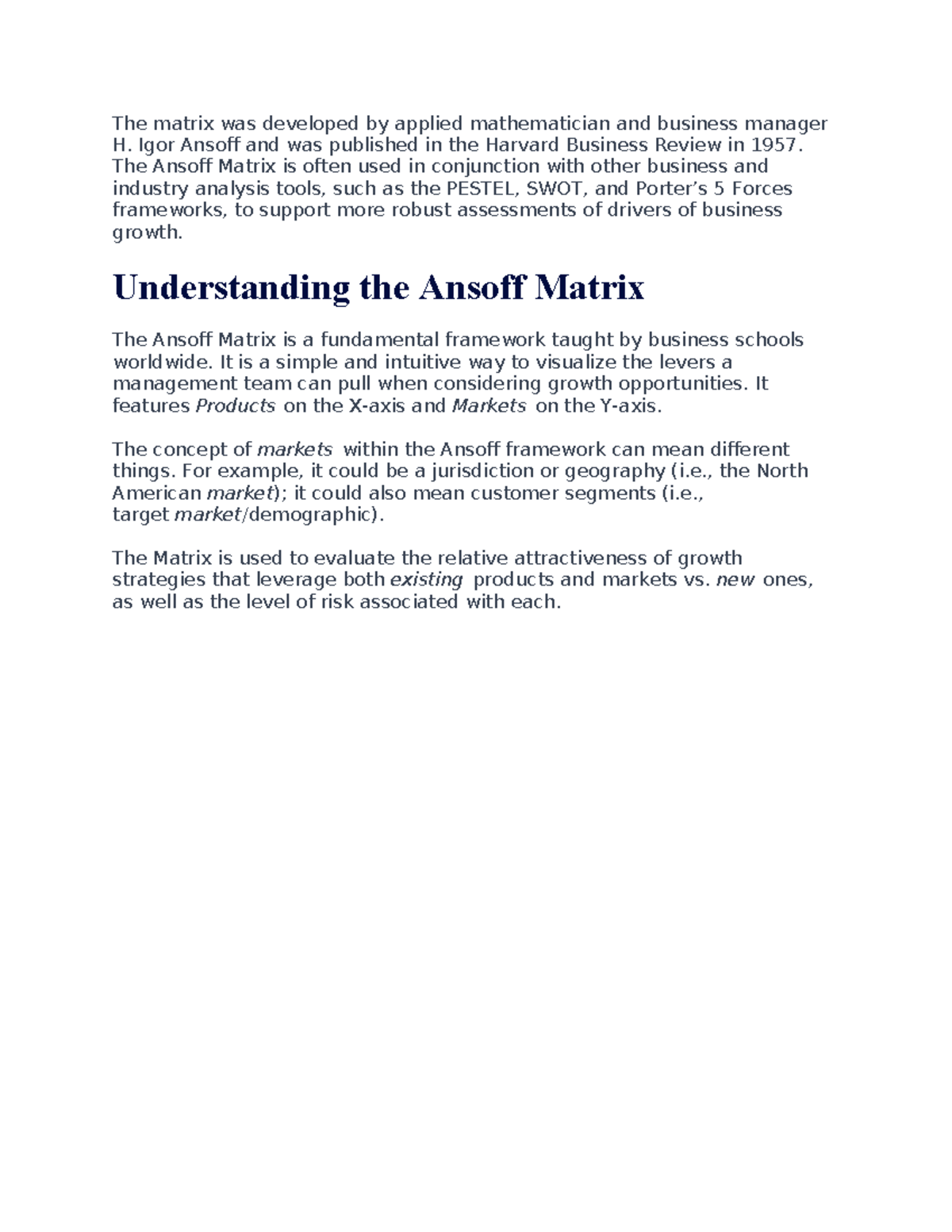 Ansoff Matrix Overview: Growth Strategies & Risk Assessment - Studocu