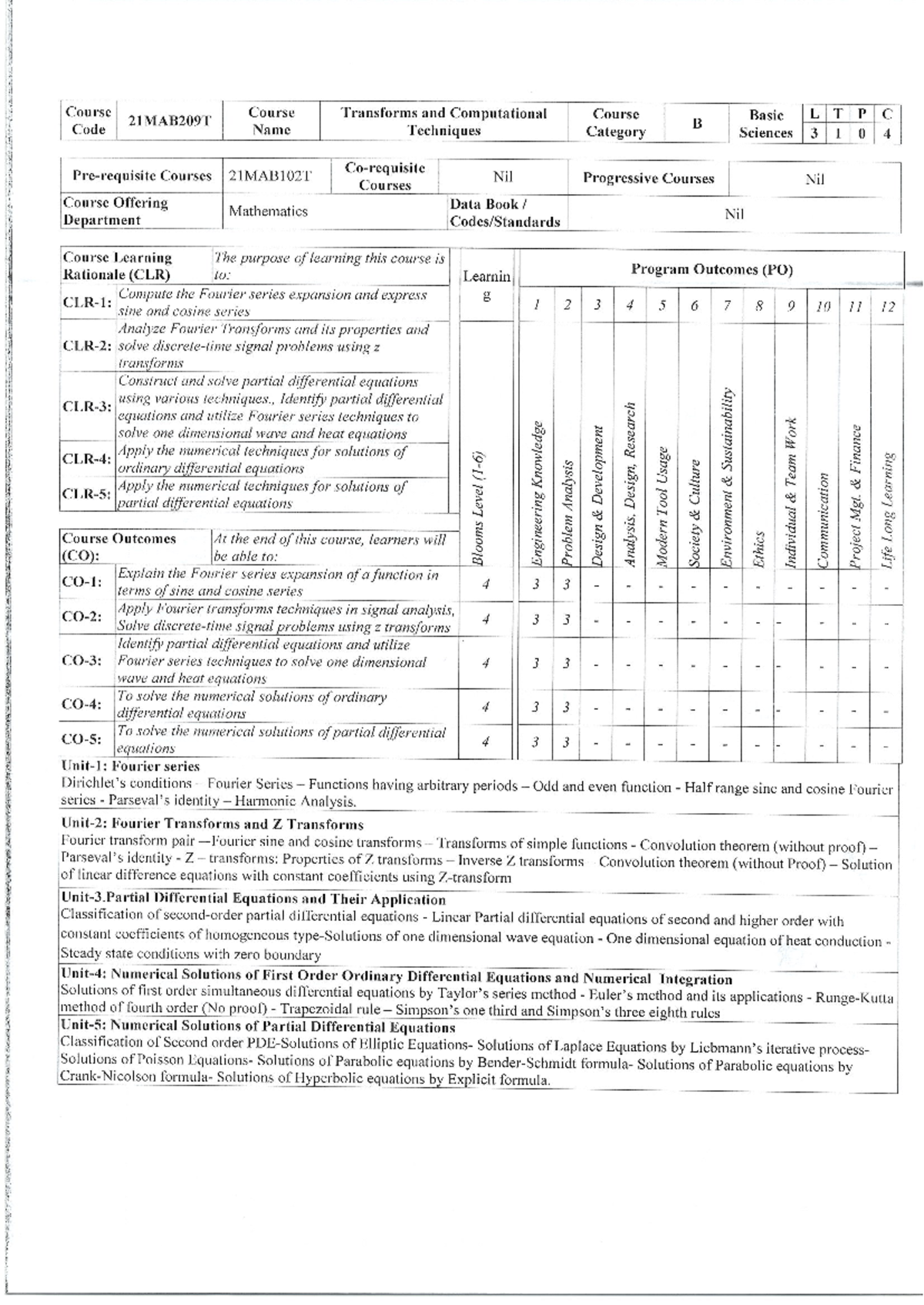 21MAB209T-Syllabus: 3rd Sem Maths Transform & Computational Techniques ...