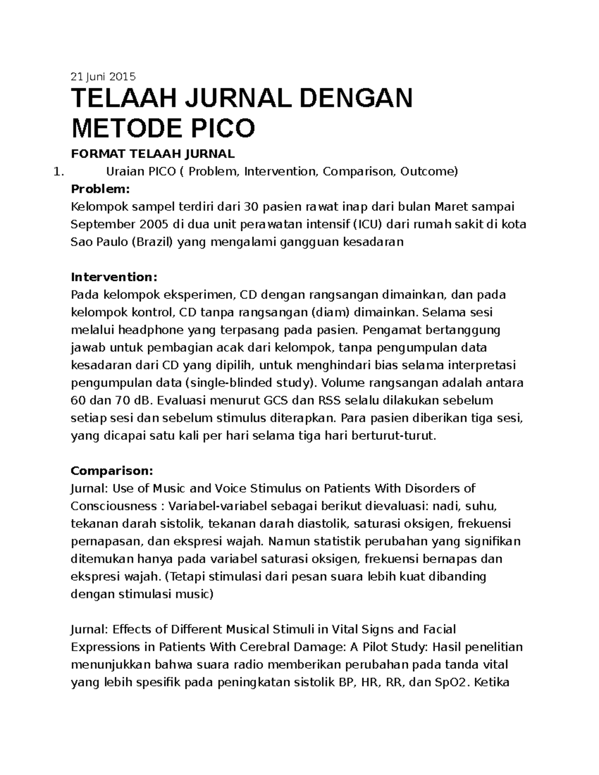 Telaah Jurnal PICO: Pengaruh Musik dan Suara pada Pasien ICU - Studocu