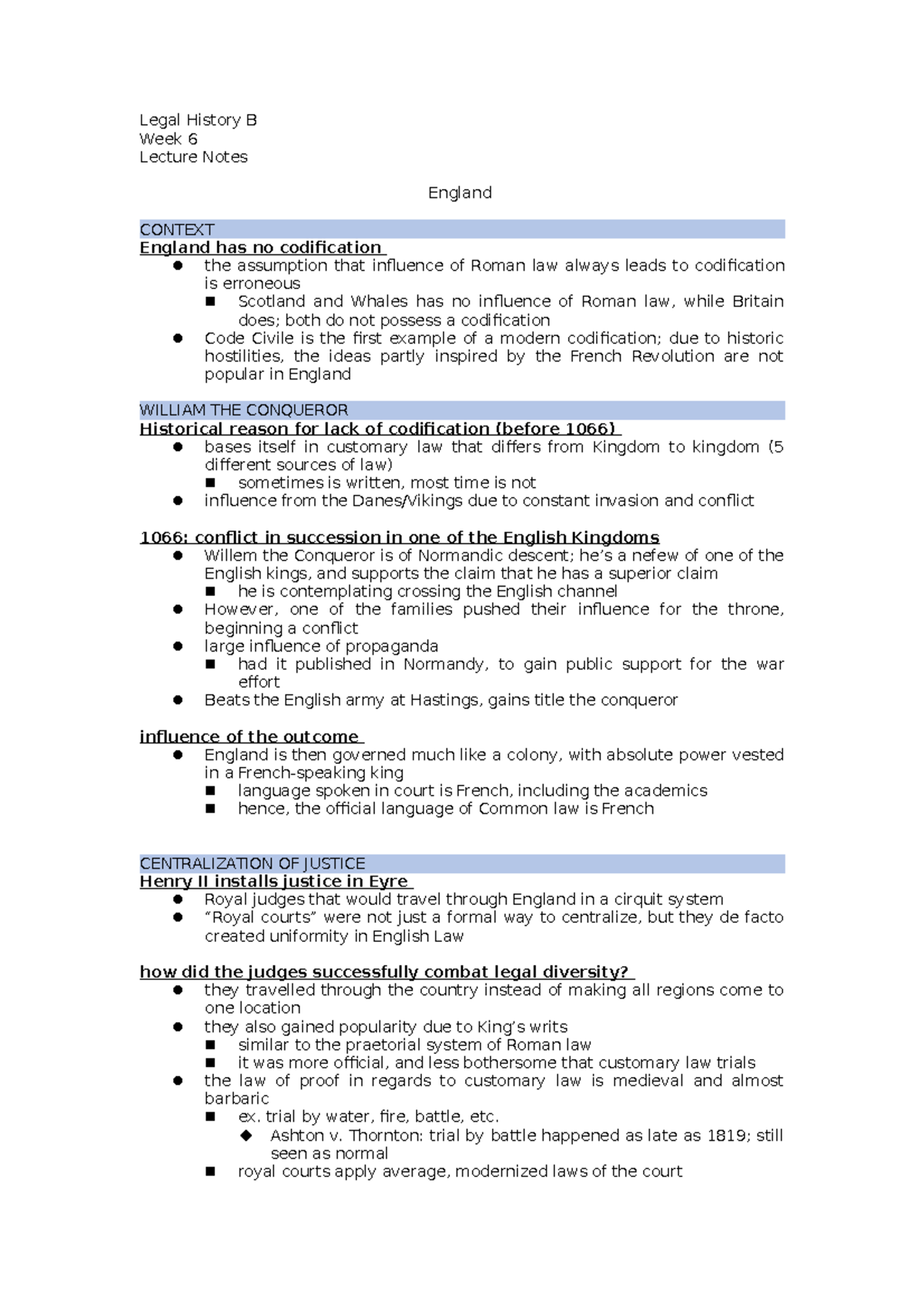 Legal History B - Week 6 Lecture Notes: The Evolution of Law in England ...