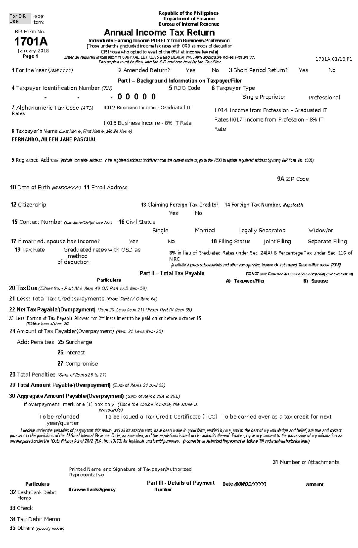 BIR Form 1701A Annual Income Tax Return Guidelines (Jan 2018) - Studocu