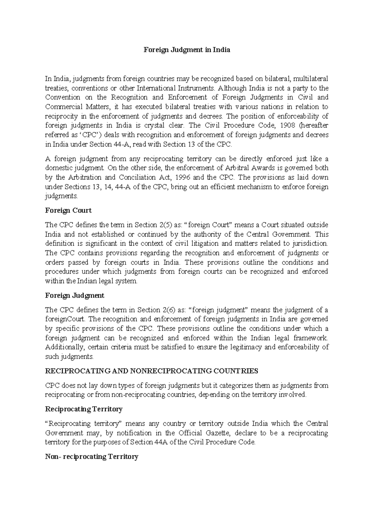 Foreign Judgment Recognition in India: CPC Insights - Studocu