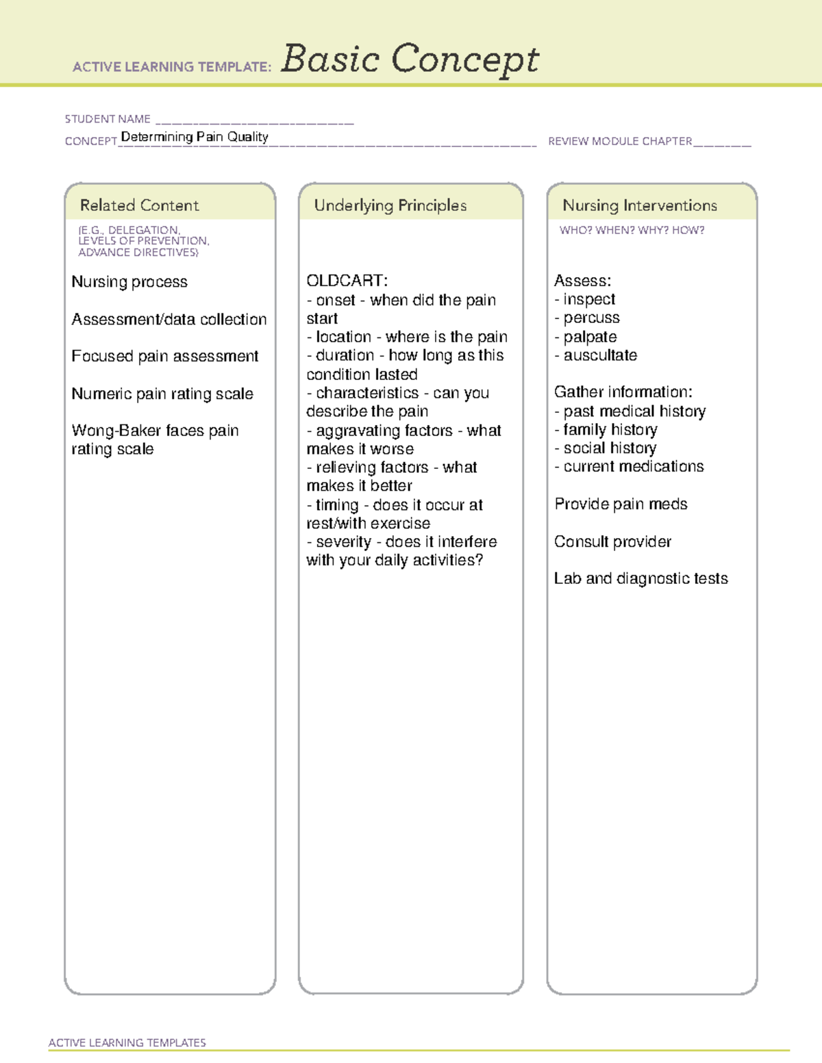 NUR 101: Active Learning Template on Pain Quality Assessment - Studocu