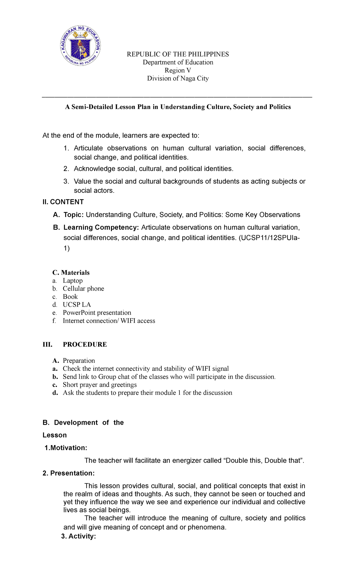 COT 1 - Semi-Detailed Lesson Plan in UCSP: Culture, Society & Politics ...