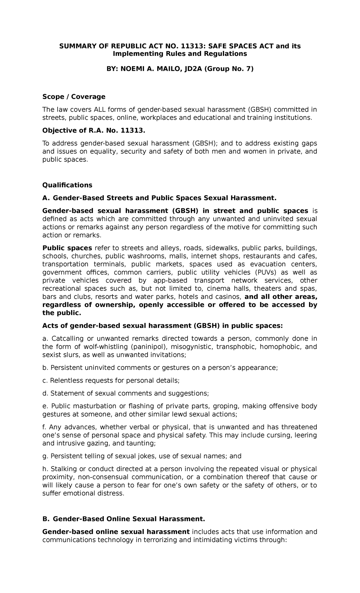 Summary of RA 11313: Safe Spaces Act Overview and Provisions - Studocu