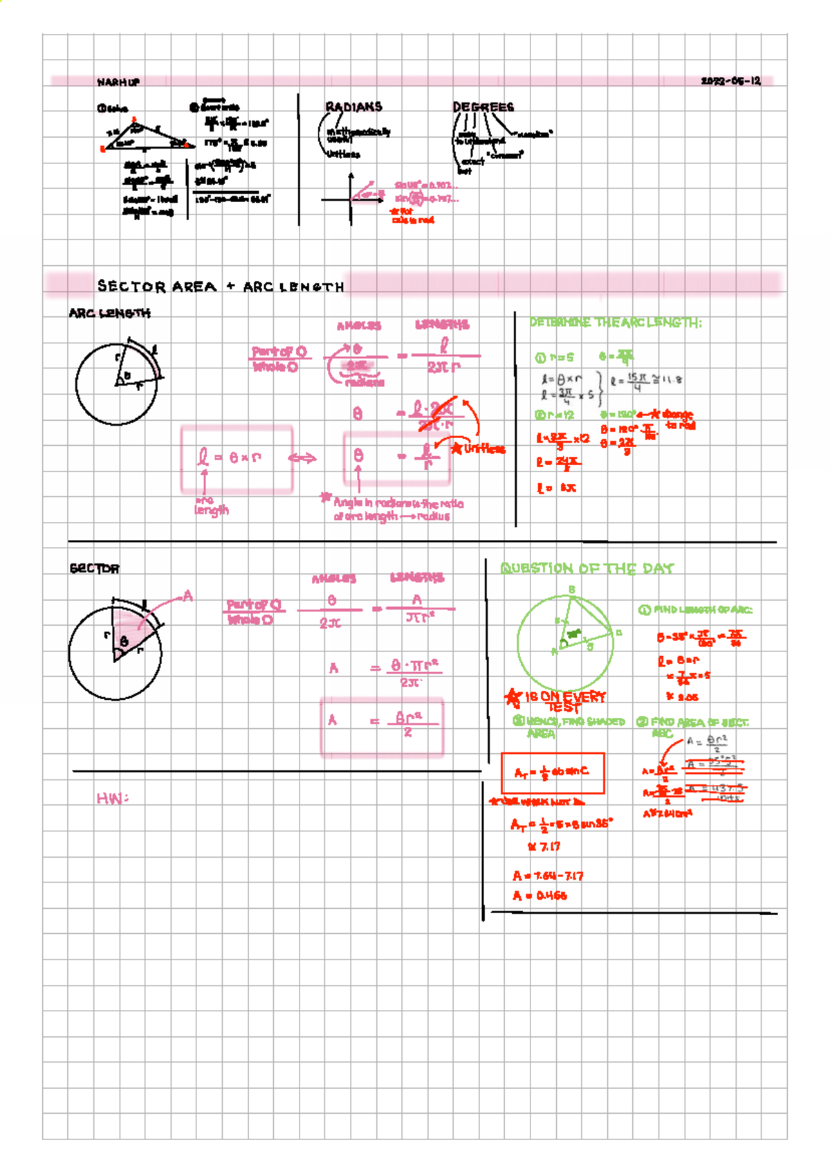WARM UP: Radians, Degrees, Arc Length & Sector Area Notes - Studocu