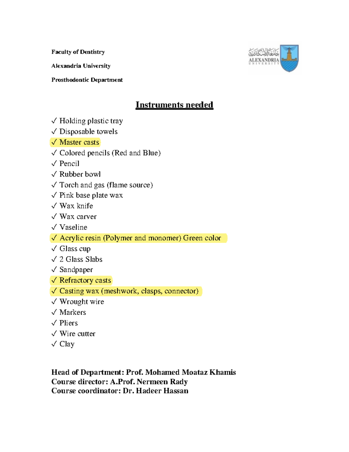 Instruments needed - Faculty of Dentistry Alexandria University ...
