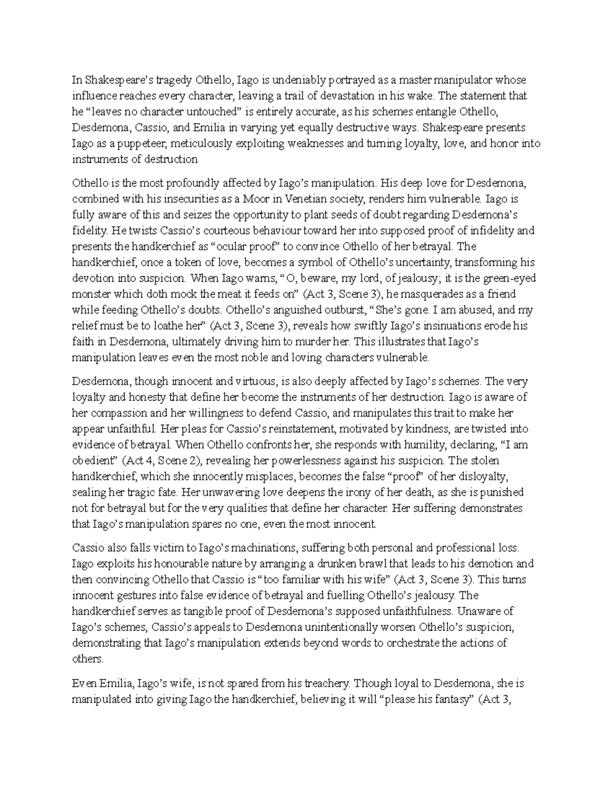 ENG 201: Essay on Iago's Manipulation in Shakespeare's Othello - Studocu