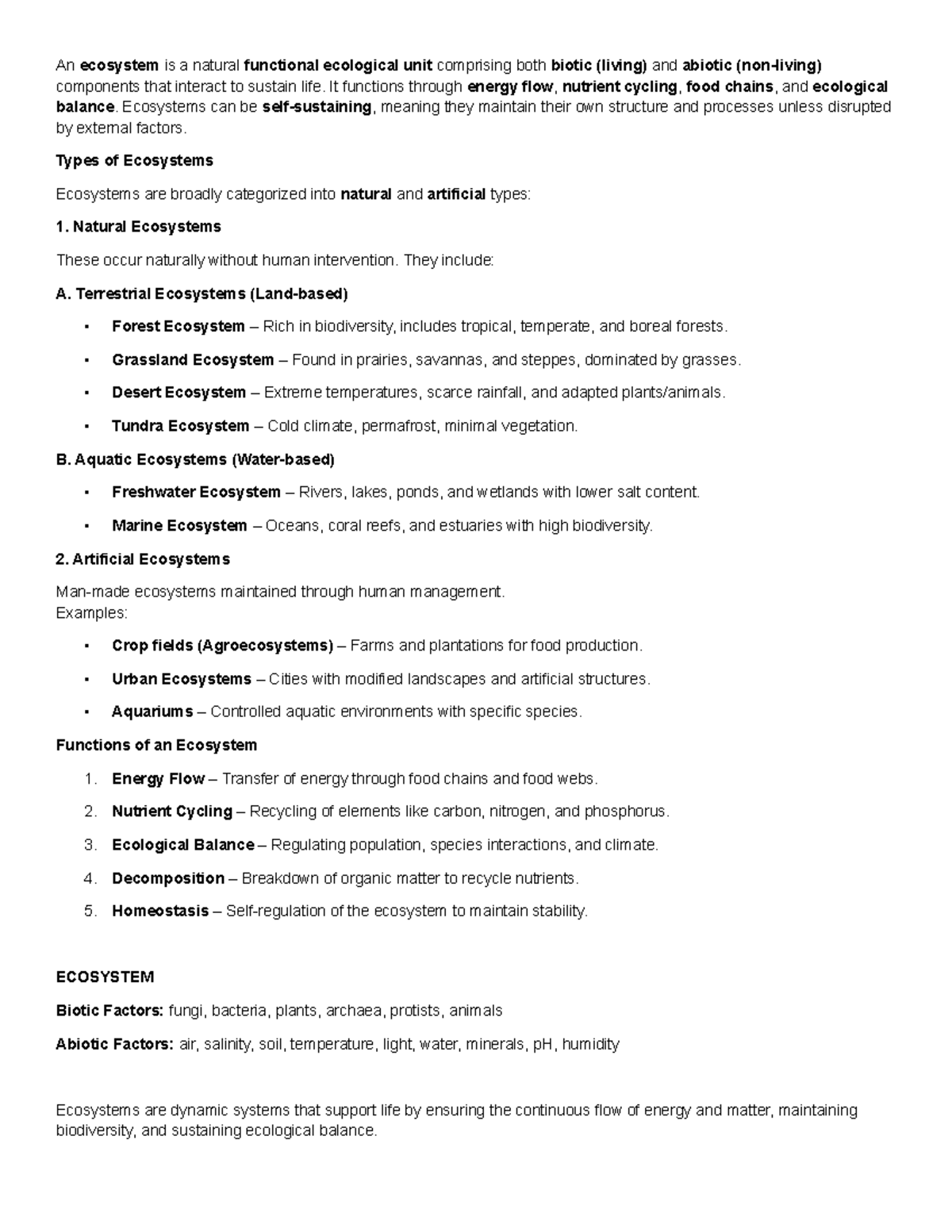 Ecosystem Notes: Understanding Biotic and Abiotic Components - Studocu