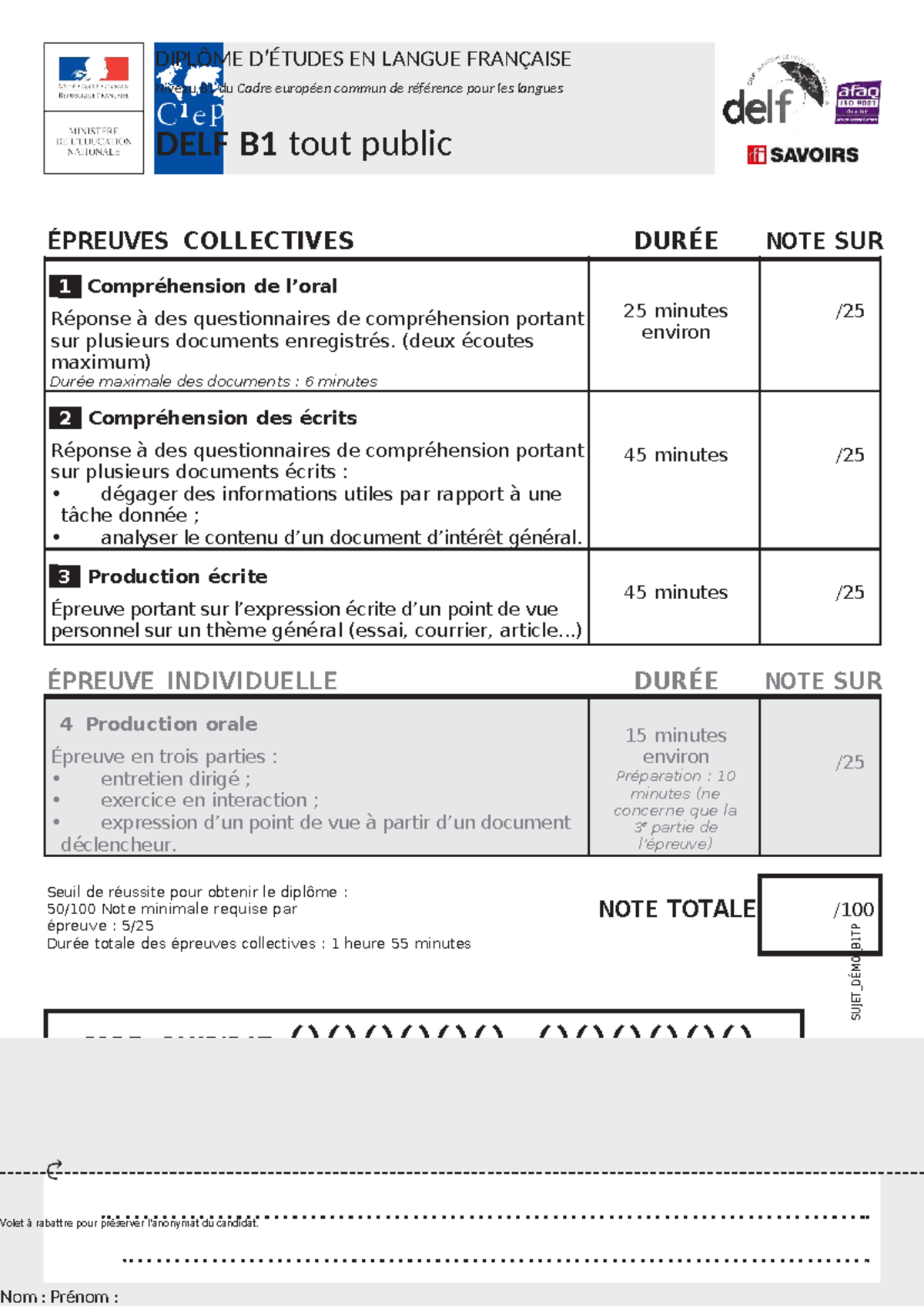 ÉPREUVES COLLECTIVES DELF B1 : Compréhension et Production Écrite - Studocu