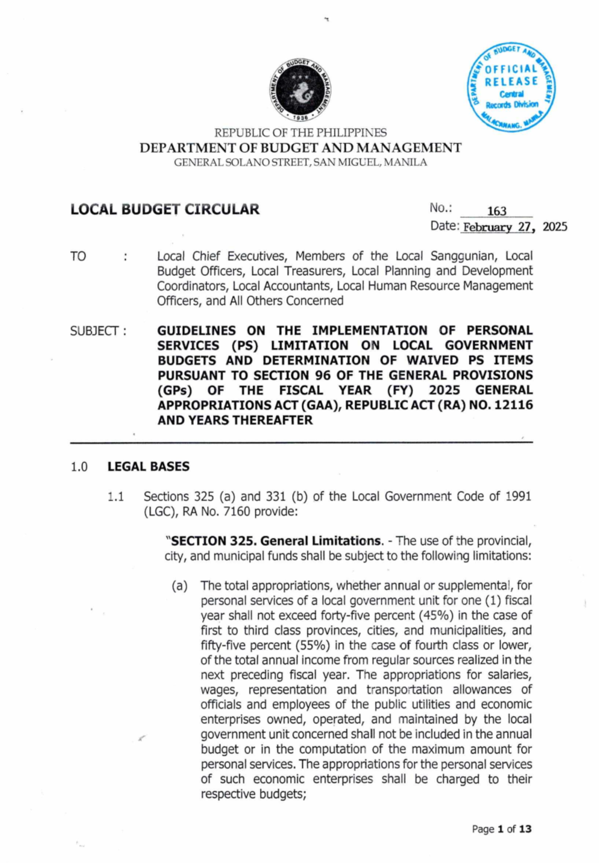 Local Budget Circular No. 163: Guidelines on PS Limitation for FY 2025 ...