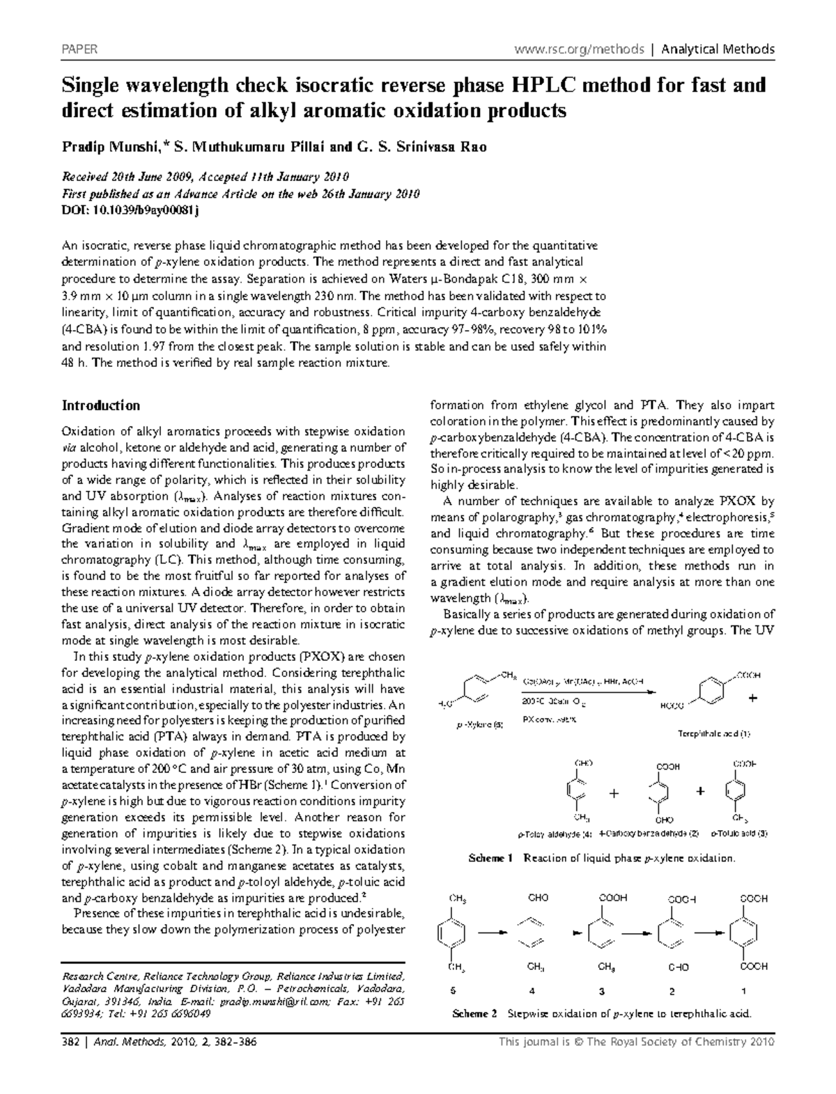 Isocratic Reverse Phase HPLC Method for Alkyl Aromatic Oxidation ...