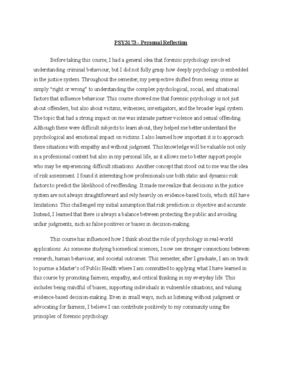 PSY3173 Reflection on Forensic Psychology and Its Impact - Studocu