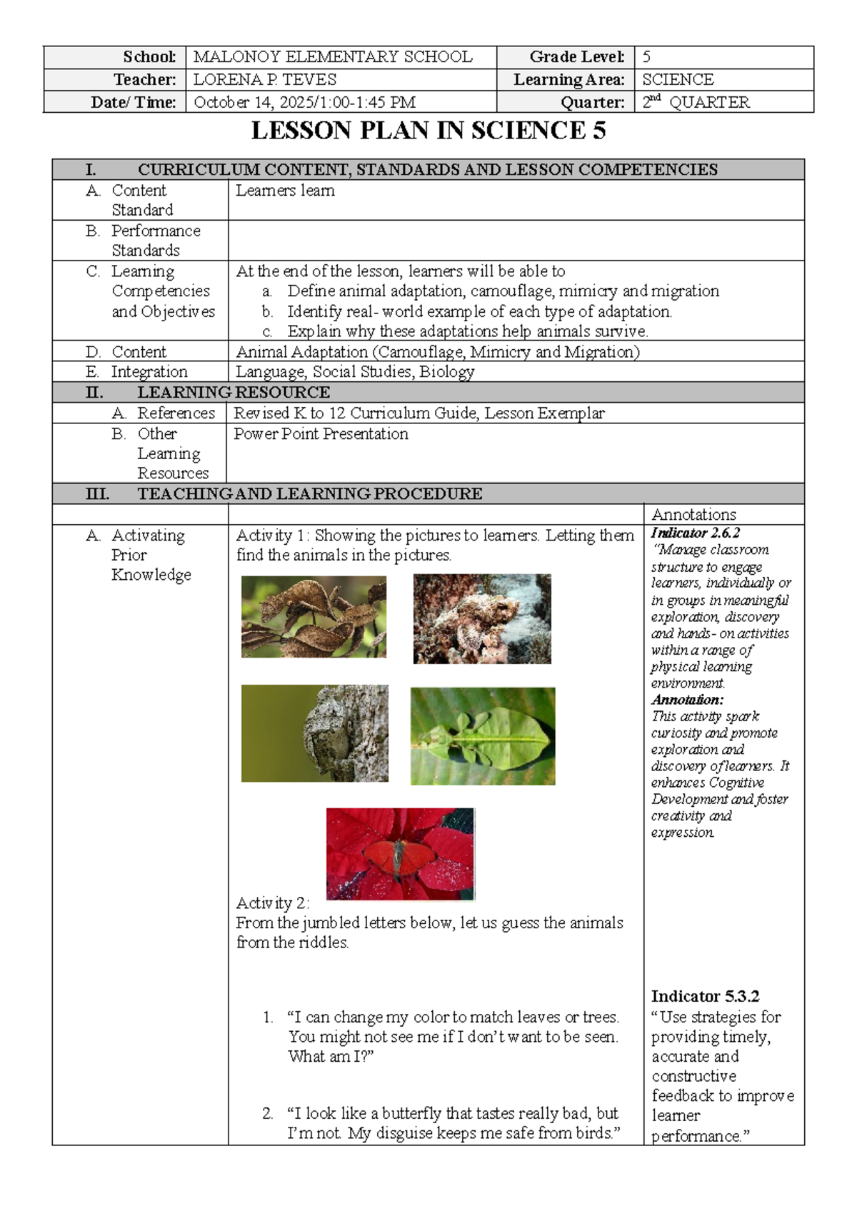 COT Lesson Plan: Animal Adaptations in Science 5 (2025-2026) - Studocu
