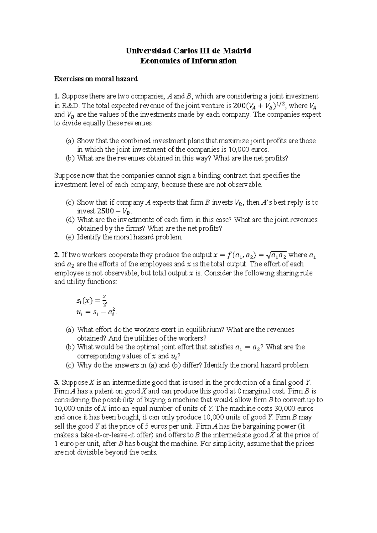 Exercises on Moral Hazard in Information Economics (Course Code: ECO123 ...