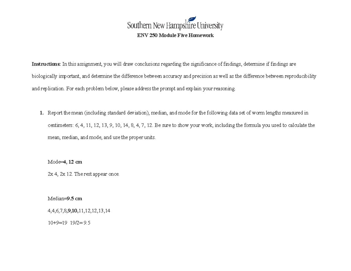 ENV 250 Module 5 Homework - ENV 250 Module Five Homework: Statistical ...