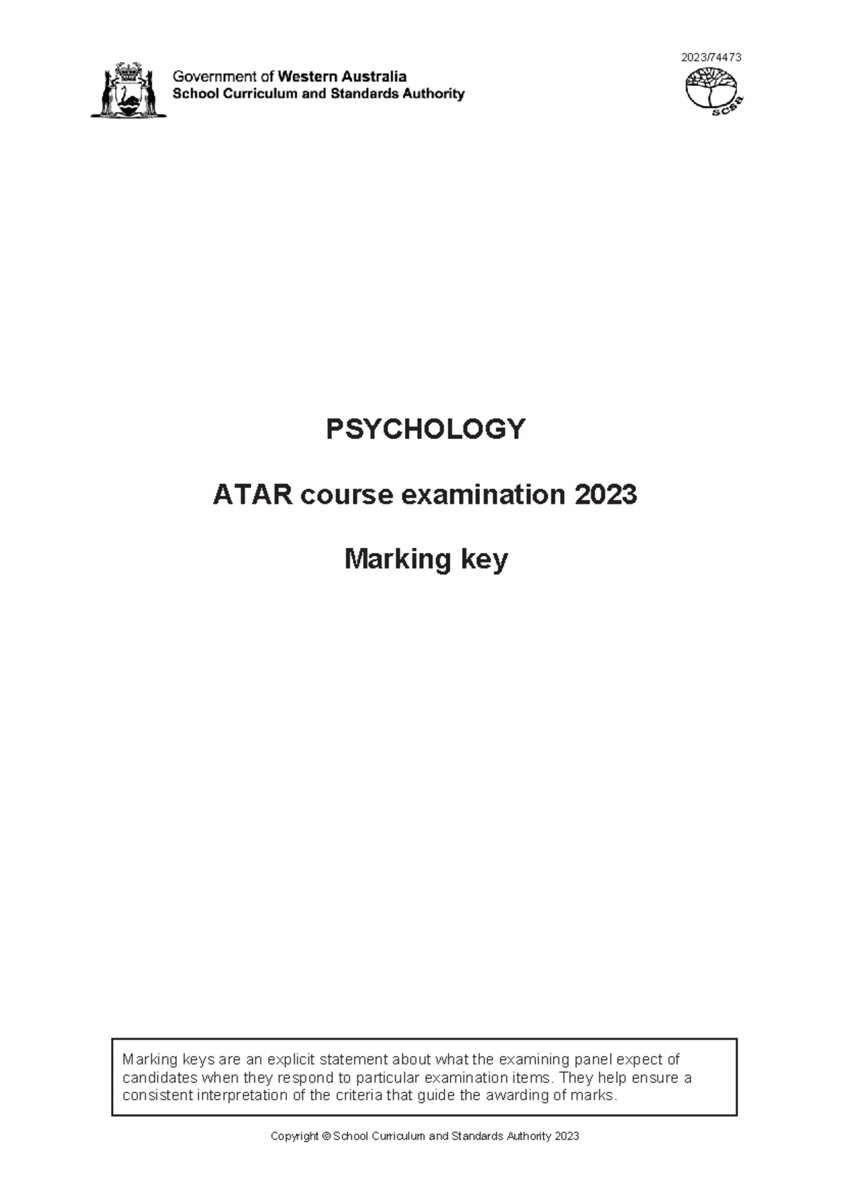 2023 PSY ATAR Course Exam Marking Key for Psychology - Studocu