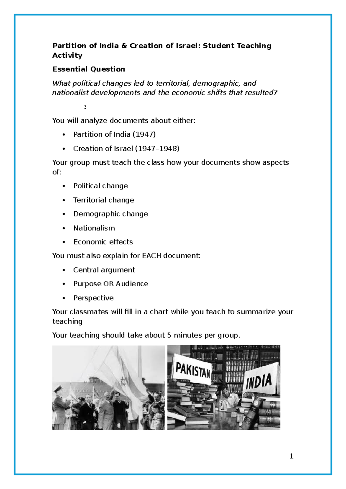 Teaching Activity on Political Changes: Partition of India & Creation ...