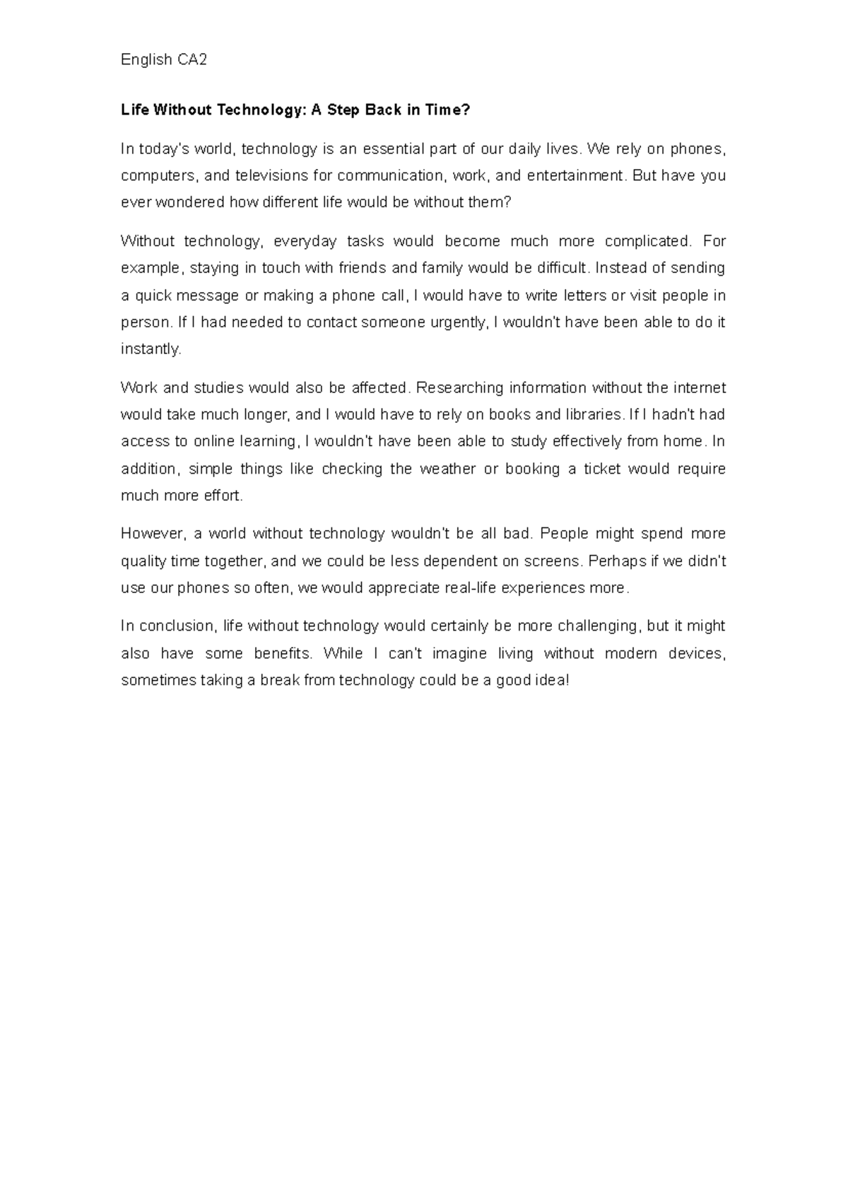 English CA2 essay: Life without technology and its implications - Studocu