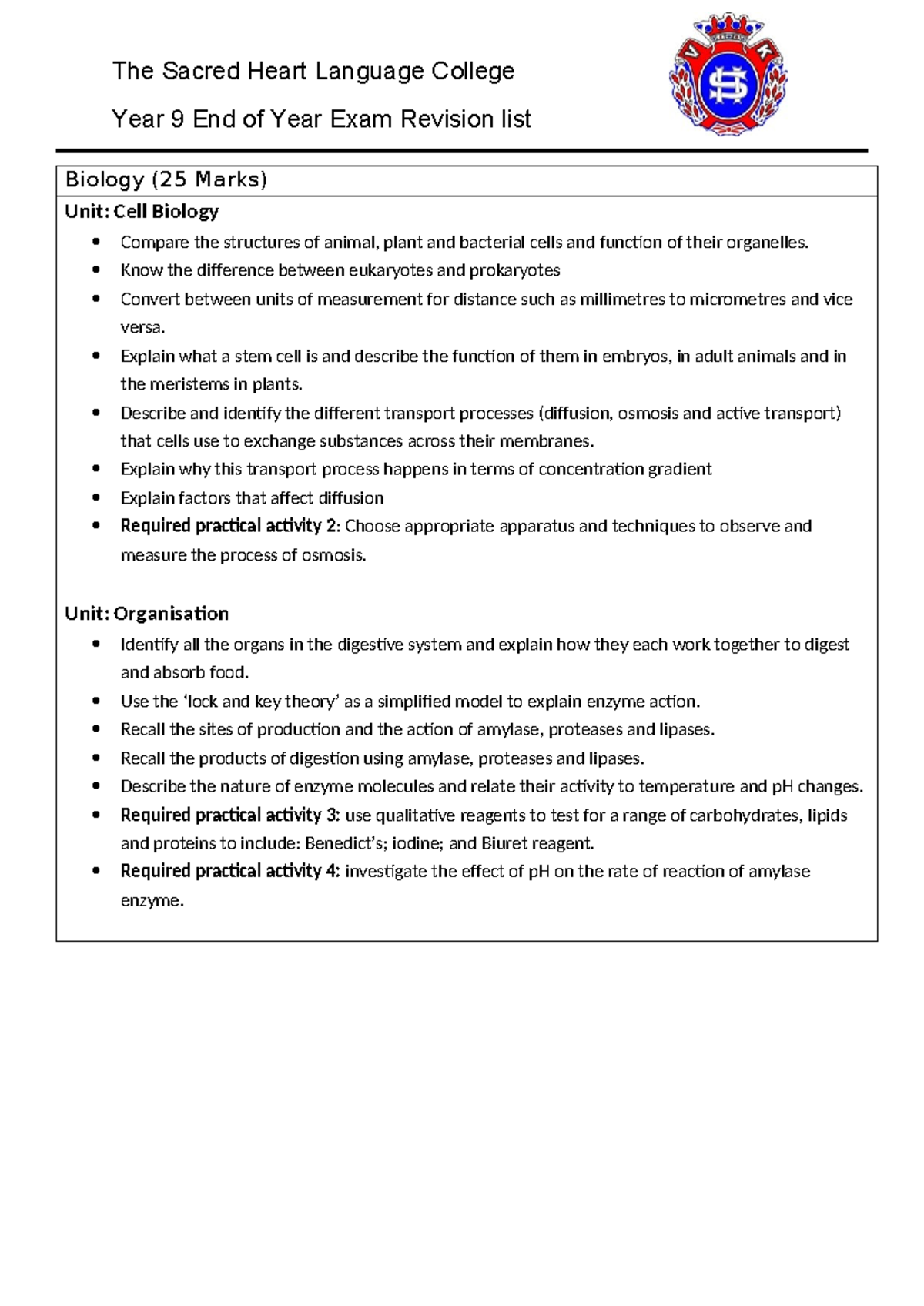 Y9 Biology, Chemistry & Physics End of Year Exam Revision Guide - Studocu
