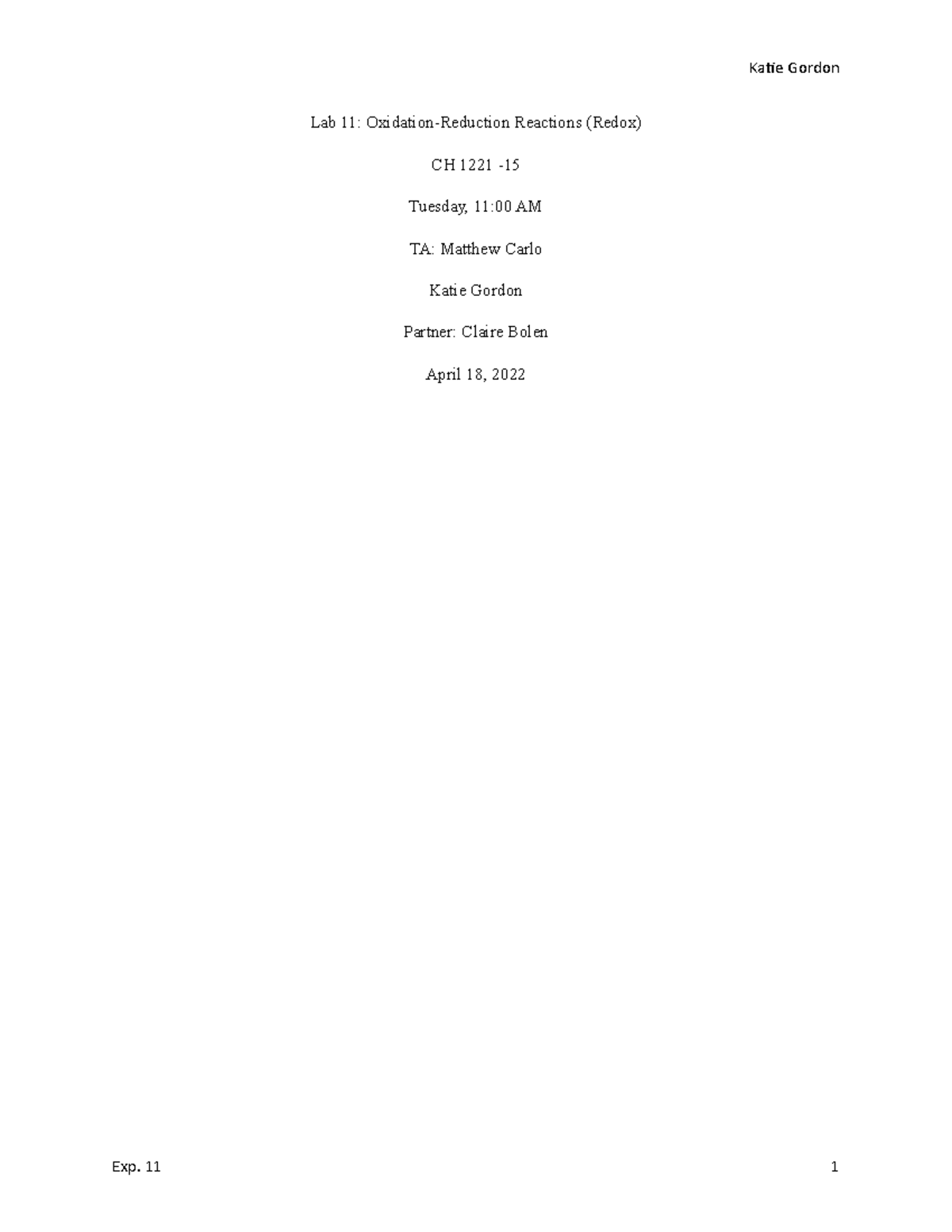 Redox Lab Report Lab 11 - Lab 11: Oxidation-Reduction Reactions (Redox ...