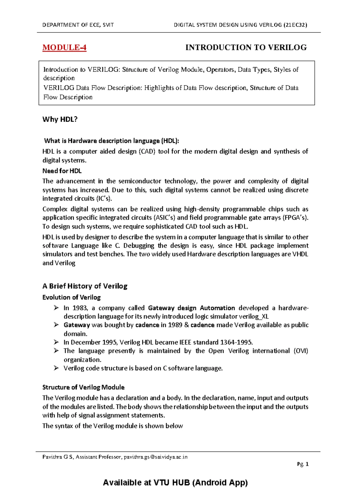 21EC32 Module -3 - DEPARTMENT OF ECE , SVIT DIGITAL SYSTEM DESIGN USING ...