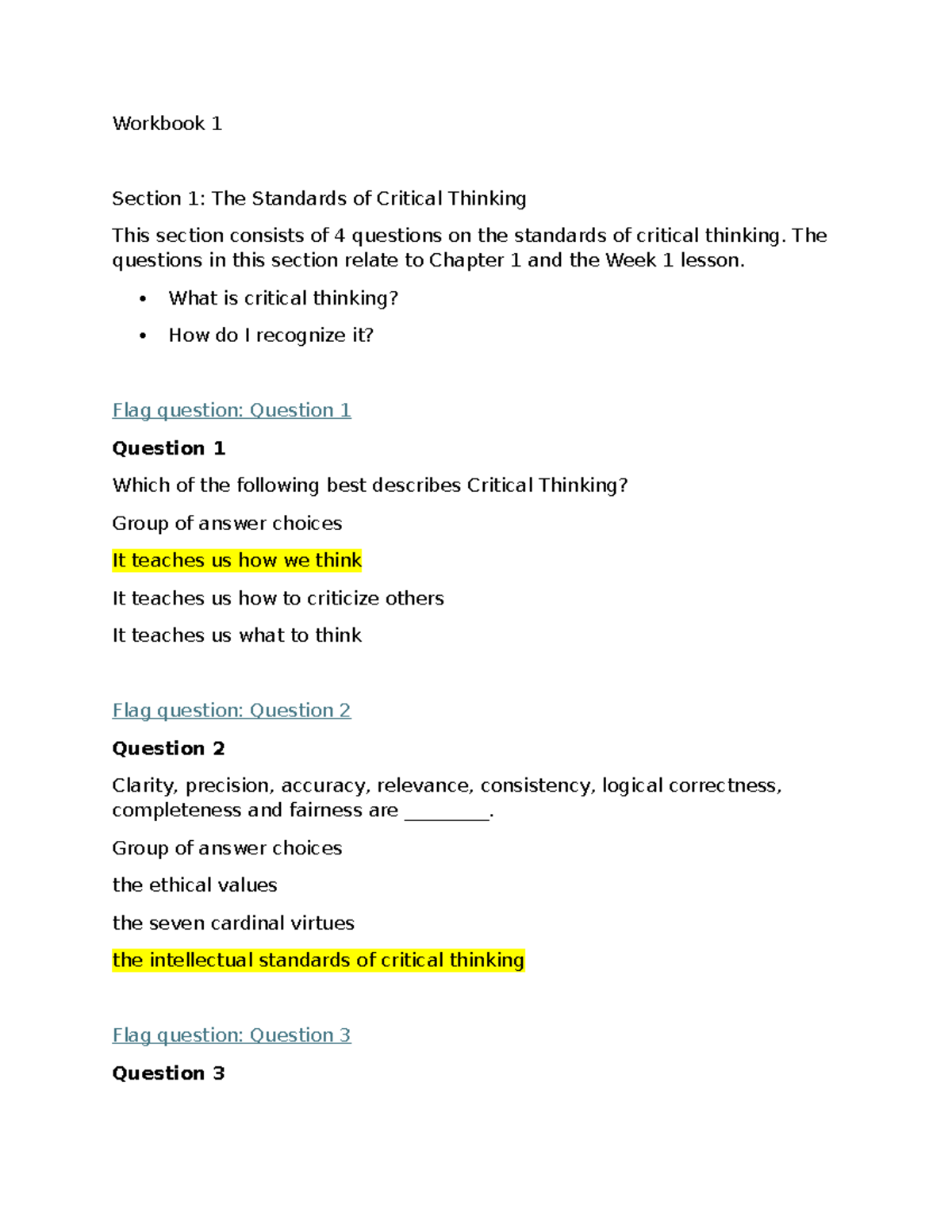 Critical Thinking Standards: Workbook 1, Section 1 Questions & Insights - Studocu