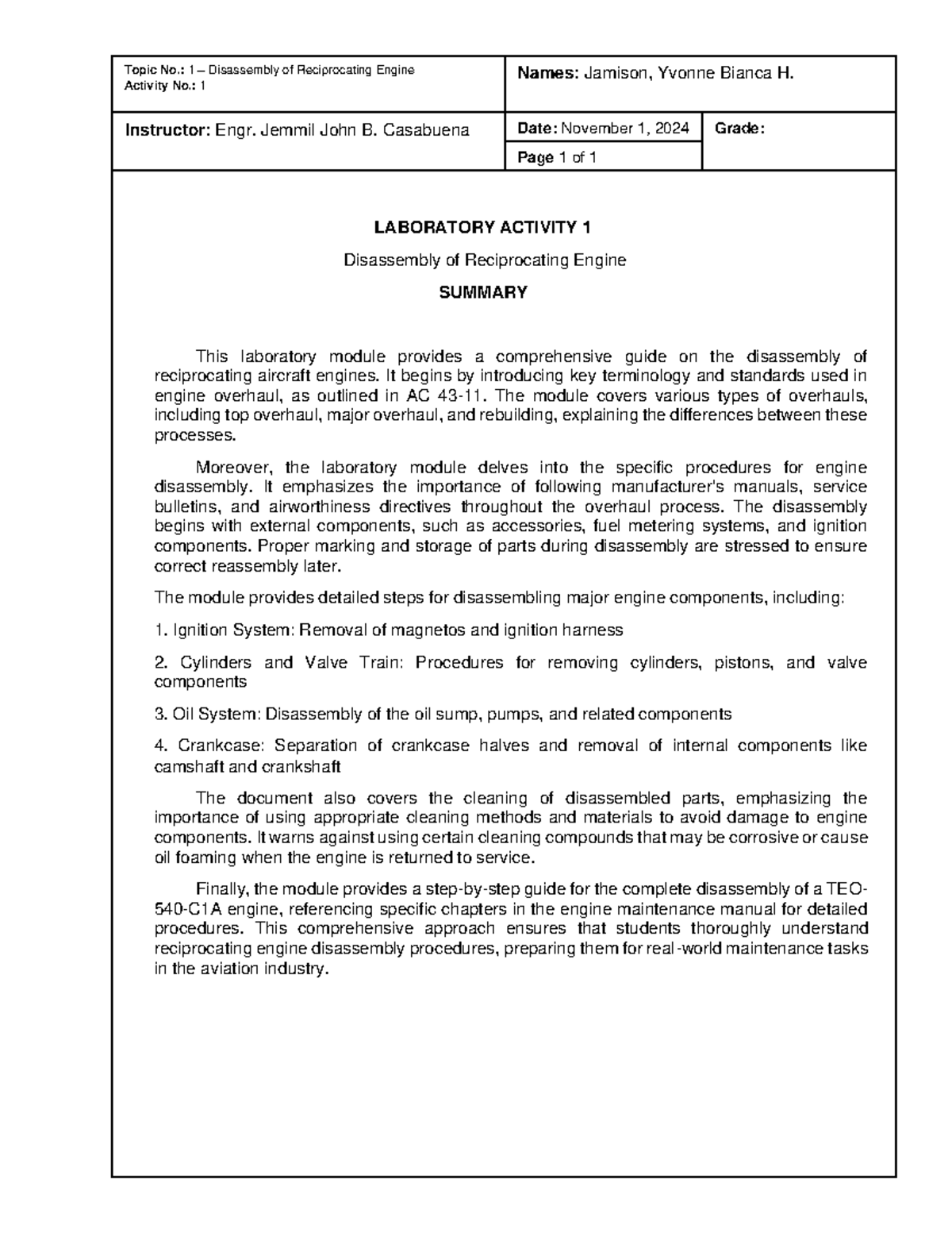 LAB 01 - Disassembly of Reciprocating Engine Overview - Studocu