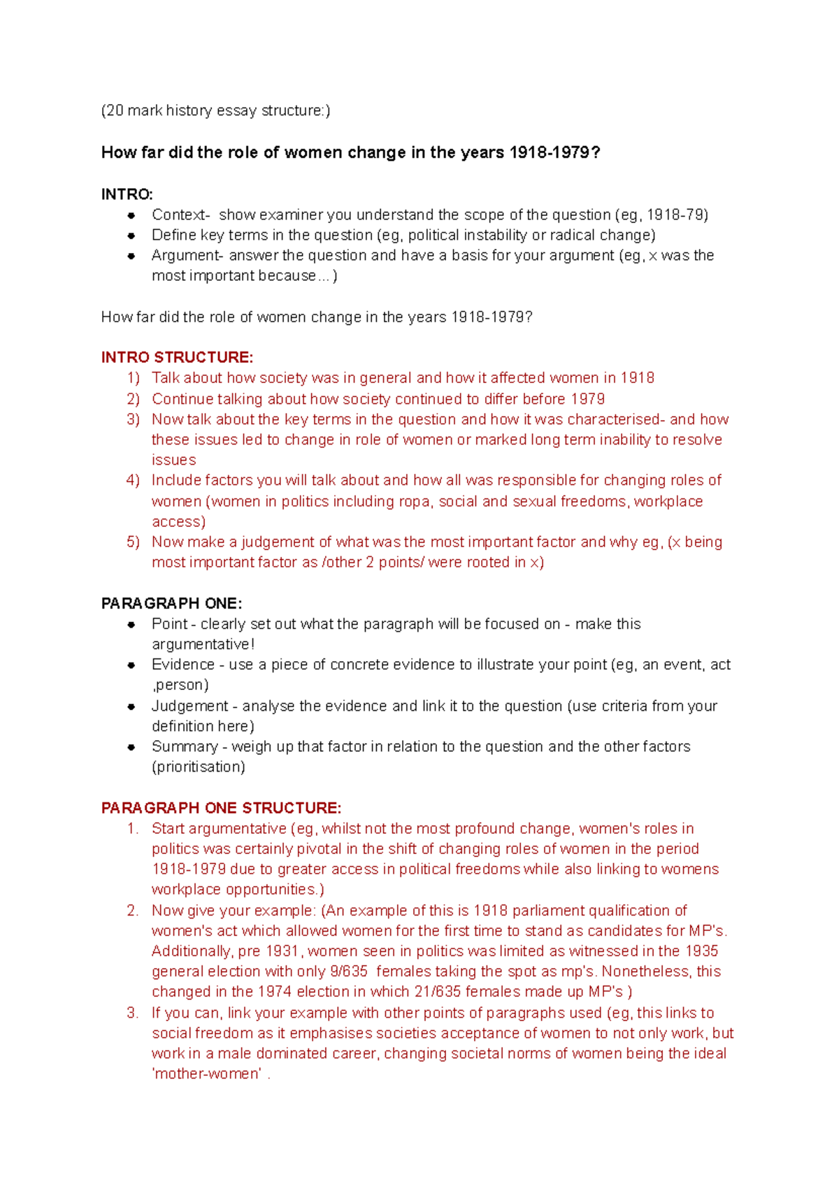 History Essay Structure: Analyzing Women’s Roles (20 Marks) - Studocu