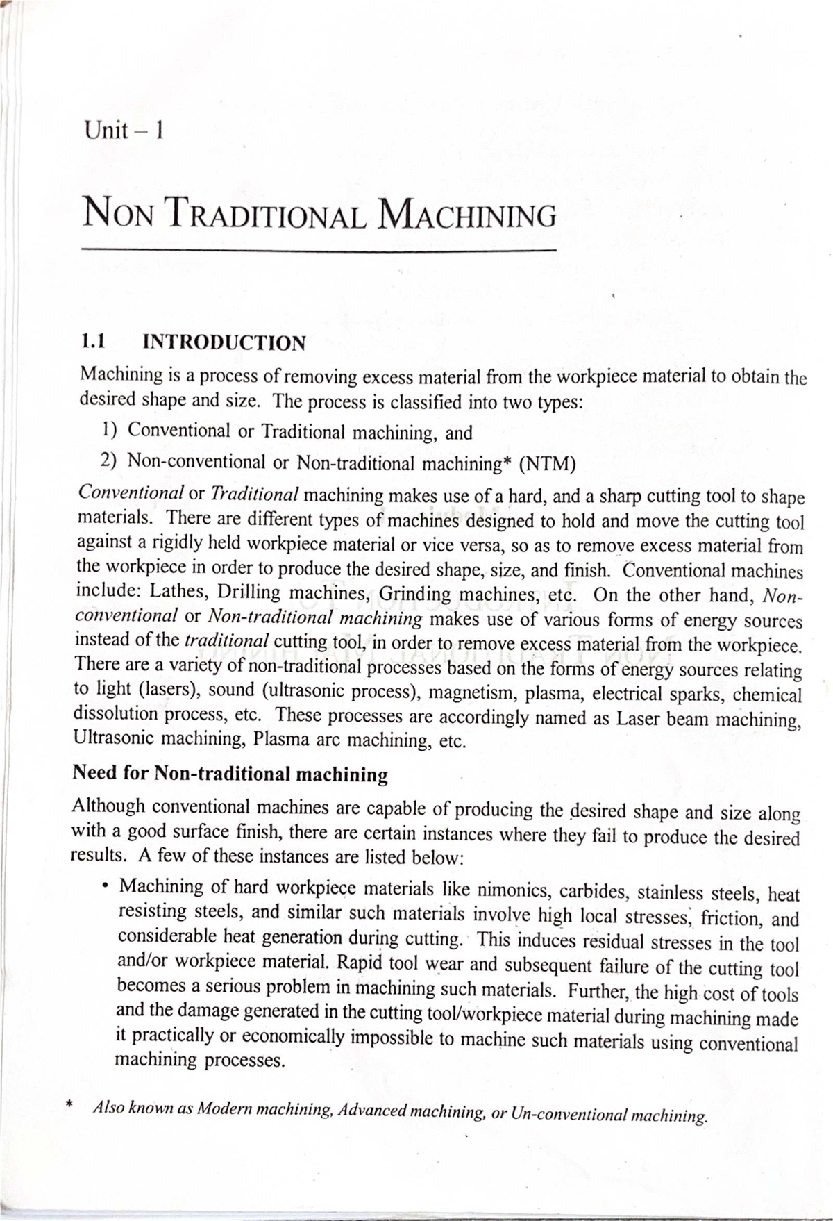 NTM M1-1 - Introduction to Non-Traditional Machining Processes - Studocu