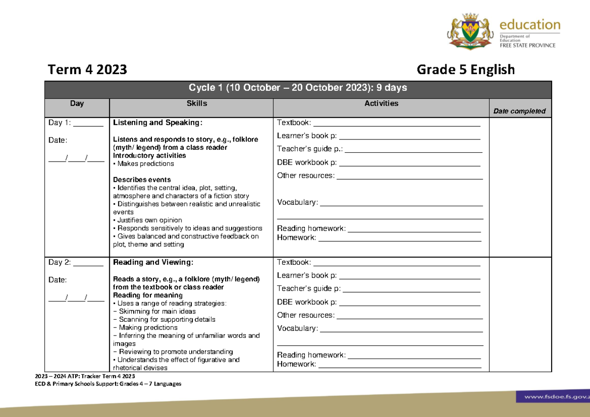 Grade 5 English Term 4 2023: Skills Tracker and Activities - Studocu