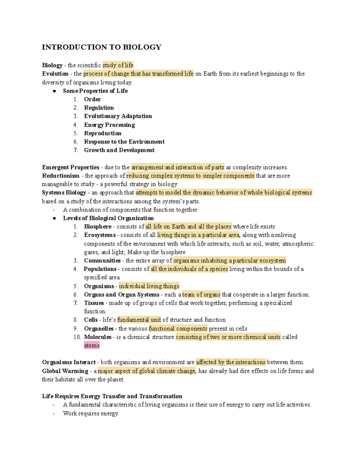 Notes FRSCNS1 Introduction to Biology - INTRODUCTION TO BIOLOGY Biology ...
