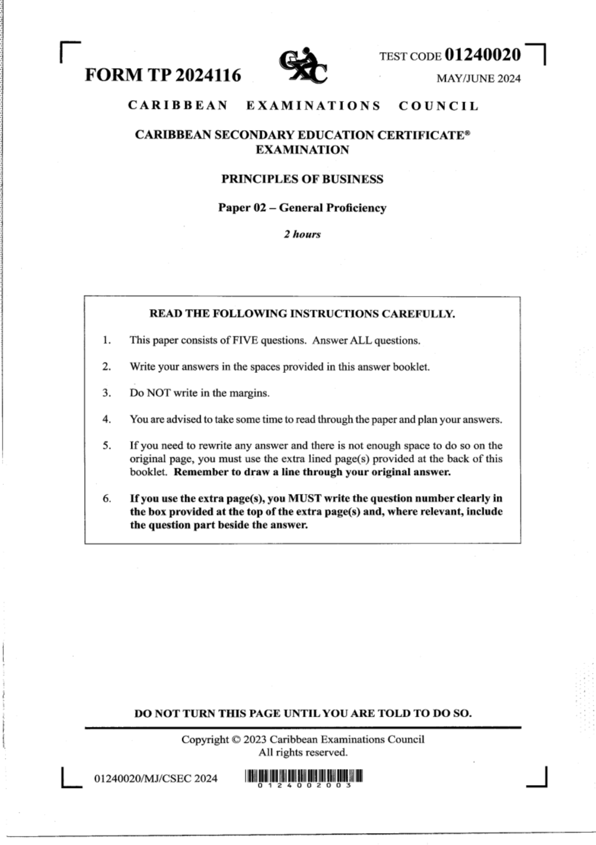 CSEC POB 2024 Paper 02 Examination - Principles of Business Insights ...
