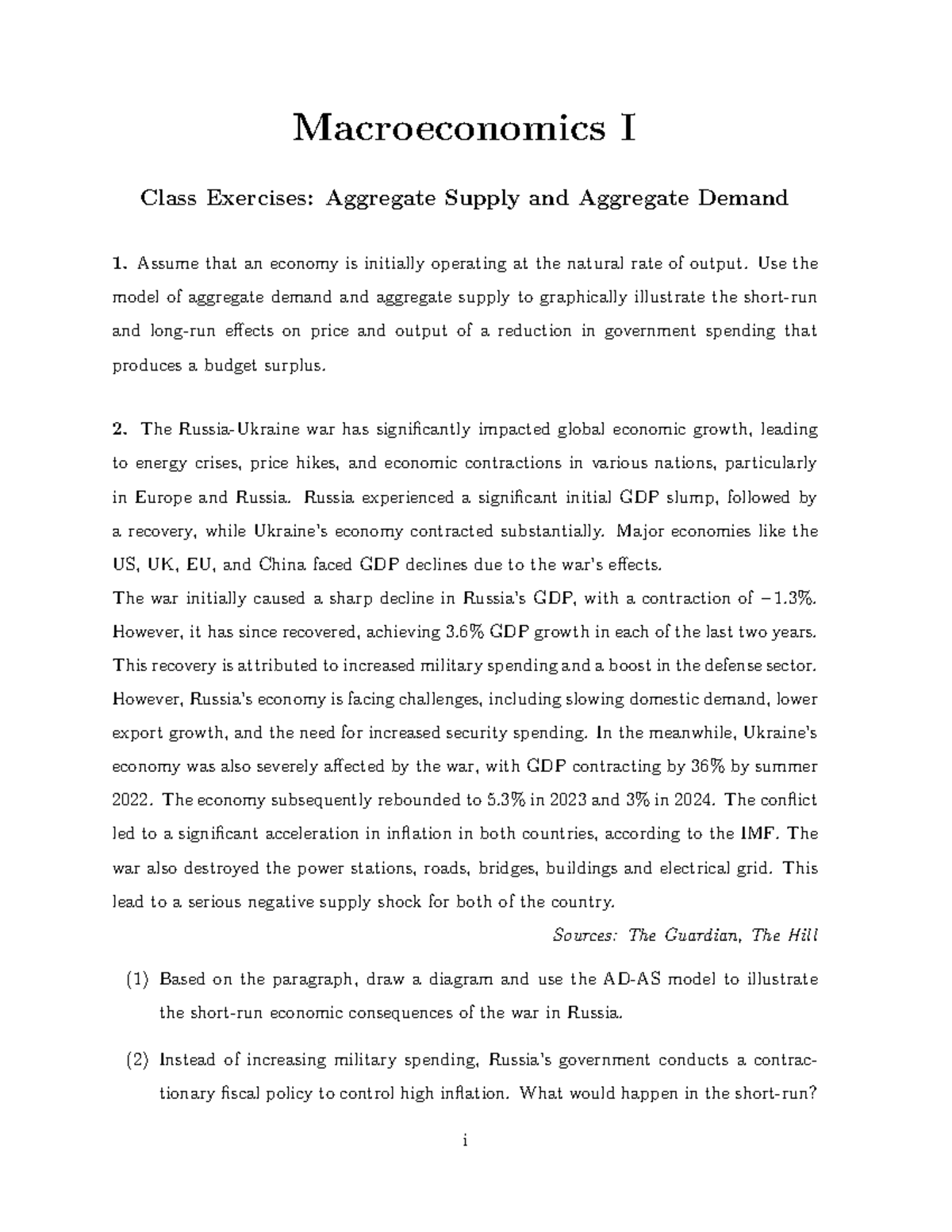 Macroeconomics I: Class Exercises on AS-AD Model & War Impact - Studocu