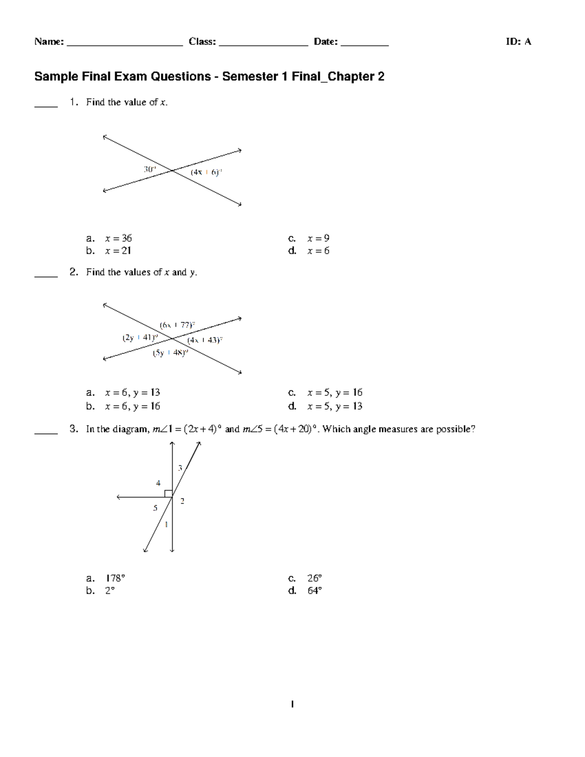 Sample Final Exam Questions - Geometry - Chapter 2 - Name ...