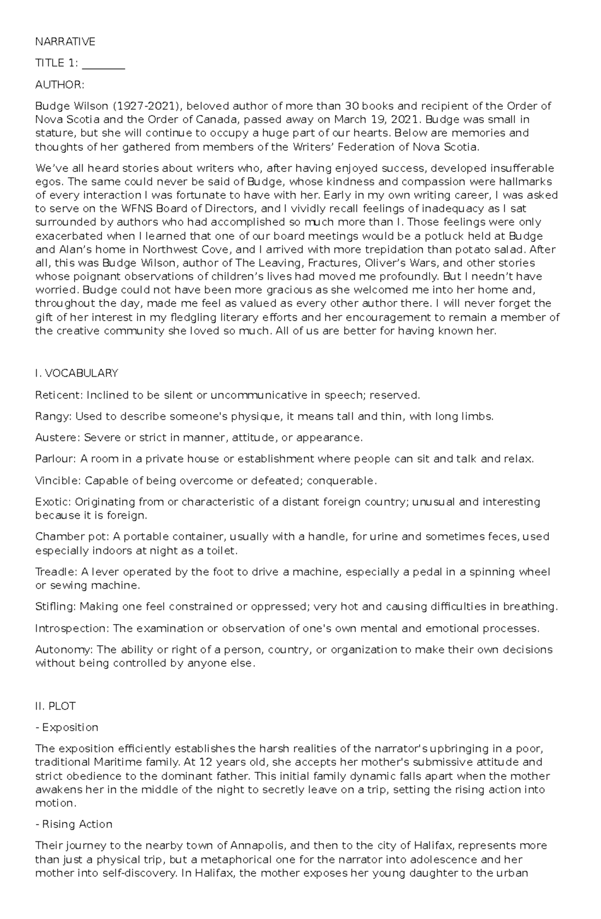 Narrative - NARRATIVE TITLE 1: ________ AUTHOR: Budge Wilson (1927-2021 ...
