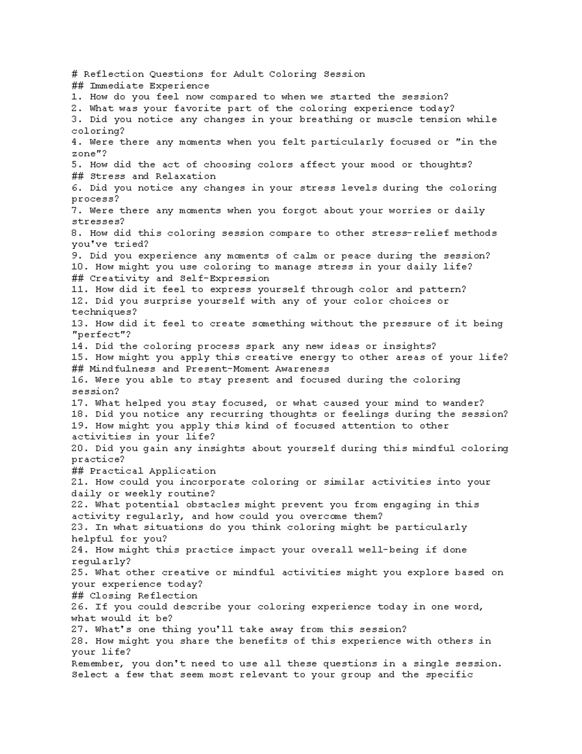 Reflection Questions for Adult Coloring Session: Stress & Mindfulness ...