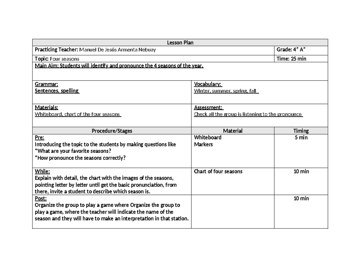 Lesson Plan: Understanding the Four Seasons - Manuel Armenta - Studocu