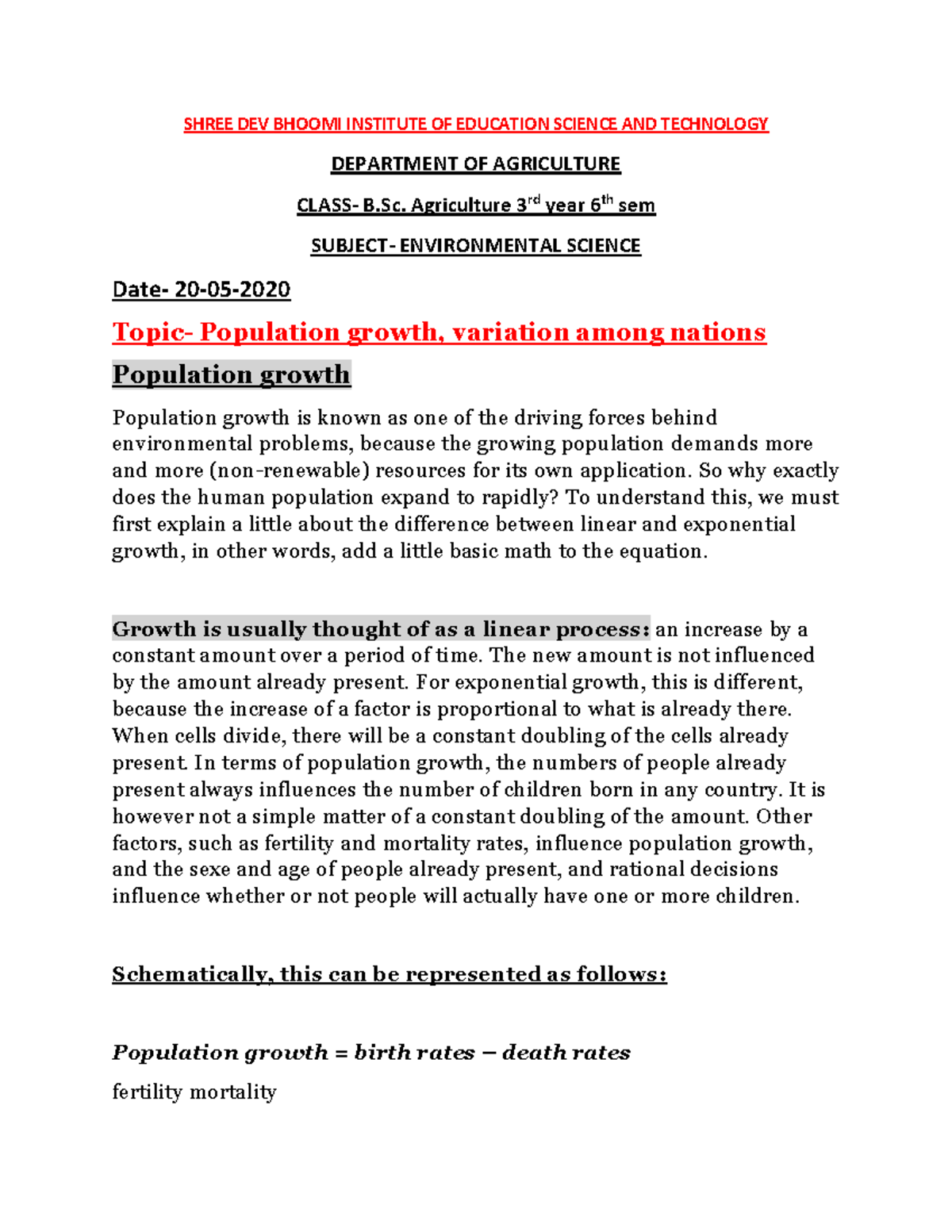 B.Sc. Agriculture 3rd Year Environmental Science: Population Growth ...