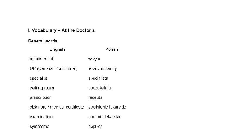 At Doctors - Vocabulary & Common Health Issues (ENG-POL) - Studocu