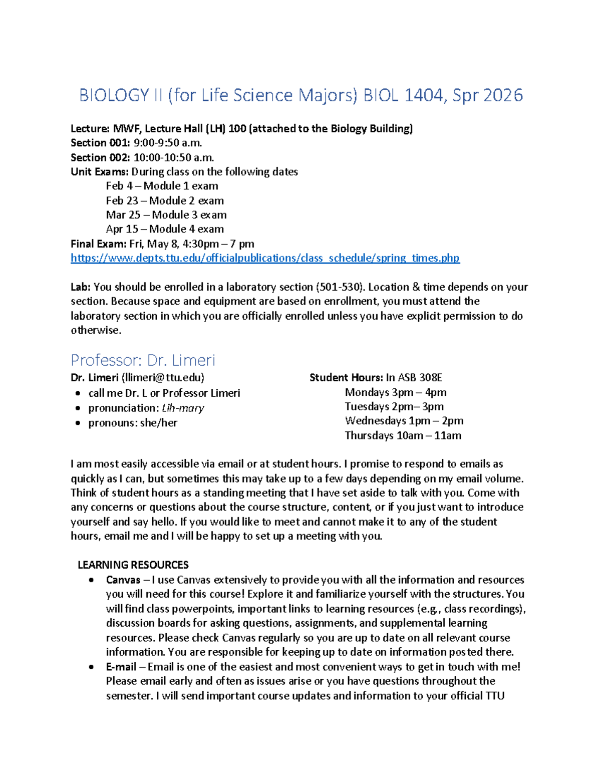 BIOL 1404: Spring 2026 Syllabus for Biology II (Life Science Majors ...