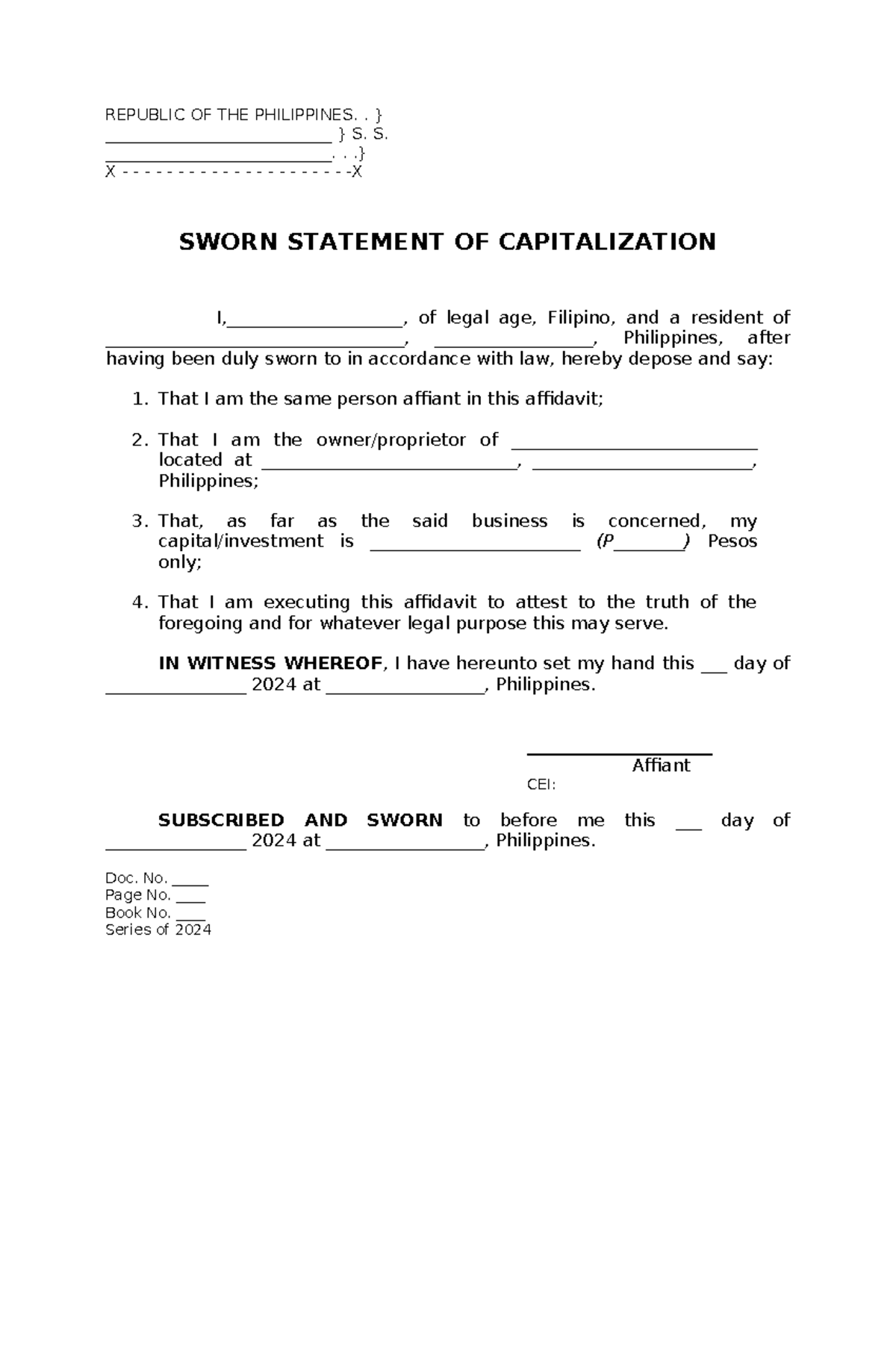 Sworn Statement of Capitalization: Legal Affidavit Format 2024 - Studocu
